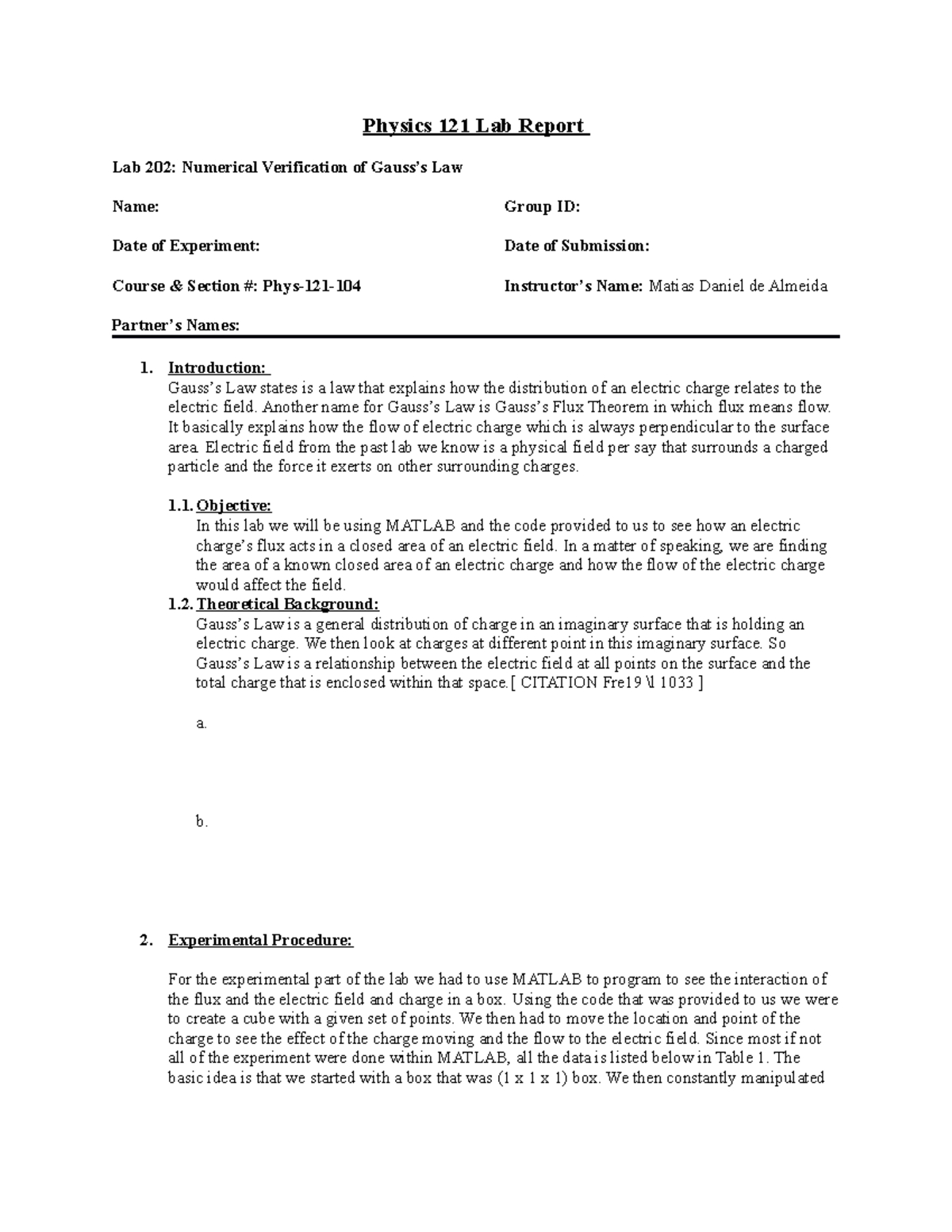 Lab 202 Numerical Verifocation of Gauss's Law - Physics 121 Lab Report ...