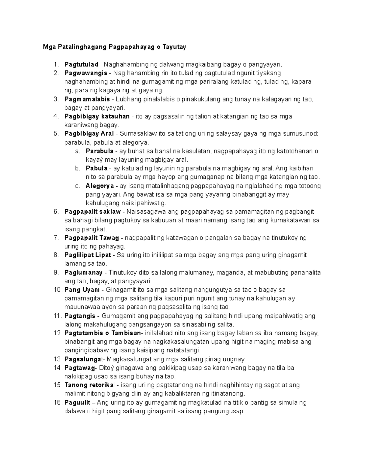 Fil -Mga Patalinghagang Pagpapahayag o Tayutay - Mga Patalinghagang ...