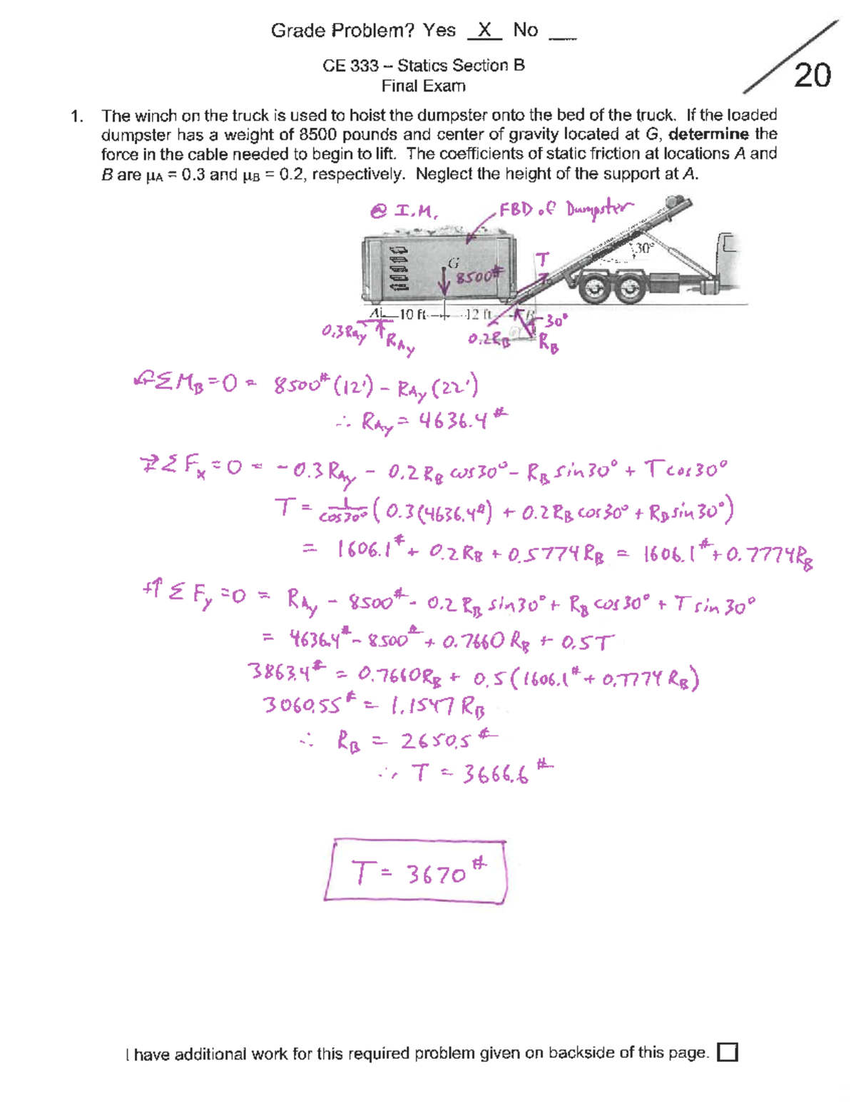 Final Solution - Grade Problem? Yes X No CE 333 — Statics Section B ...