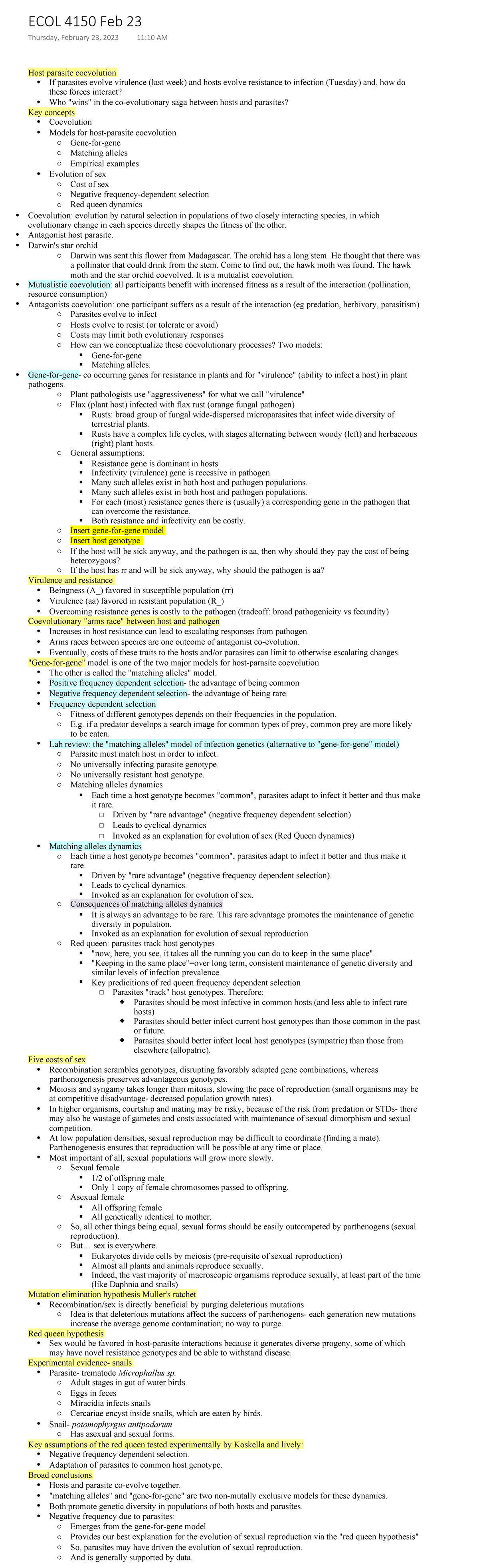 ECOL 4150 Feb 23 - Dr. Strauss and Dr. Park - Host parasite coevolution ...