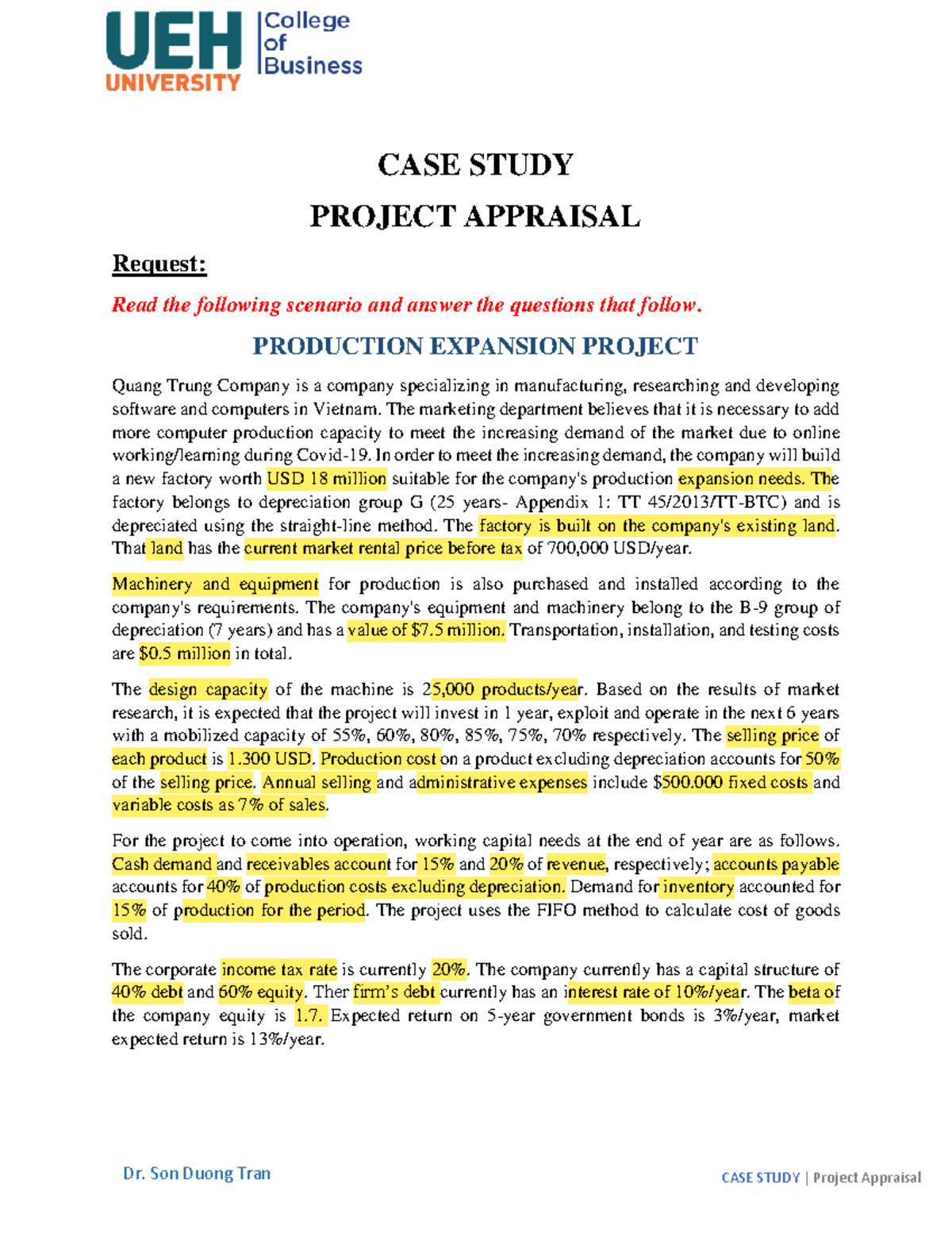 Case study- English - fasd - CASE STUDY PROJECT APPRAISAL Request: Read ...