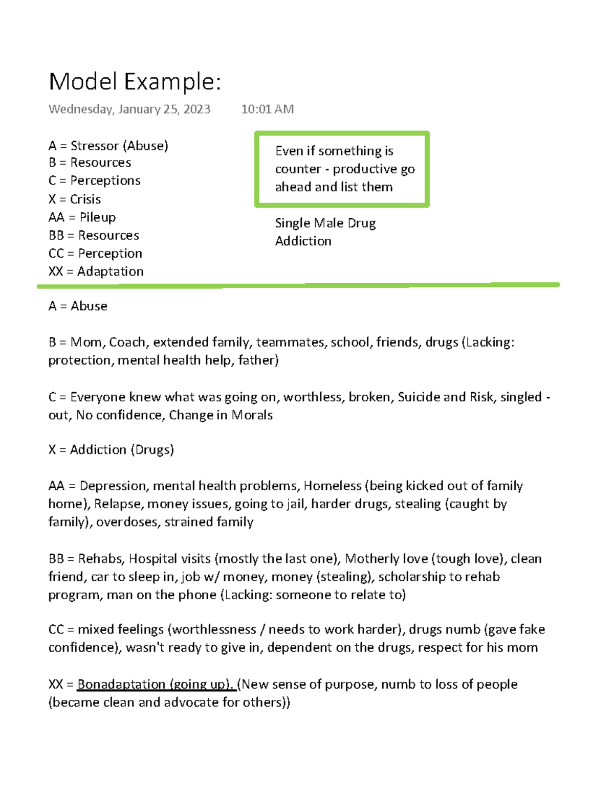 ABC-X Model Example - notes - A = Stressor (Abuse) B = Resources C ...