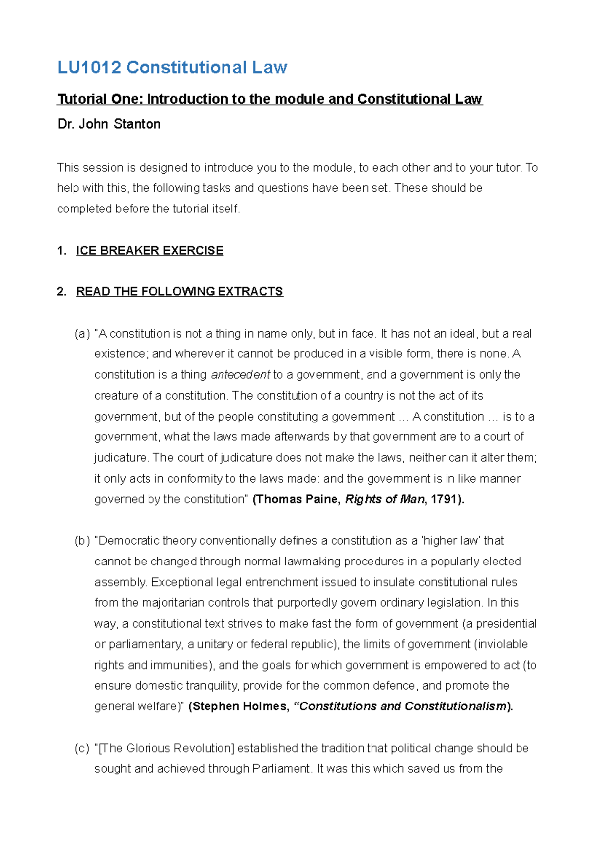 Tutorial 1 Questions - LU1012 Constitutional Law Tutorial One ...