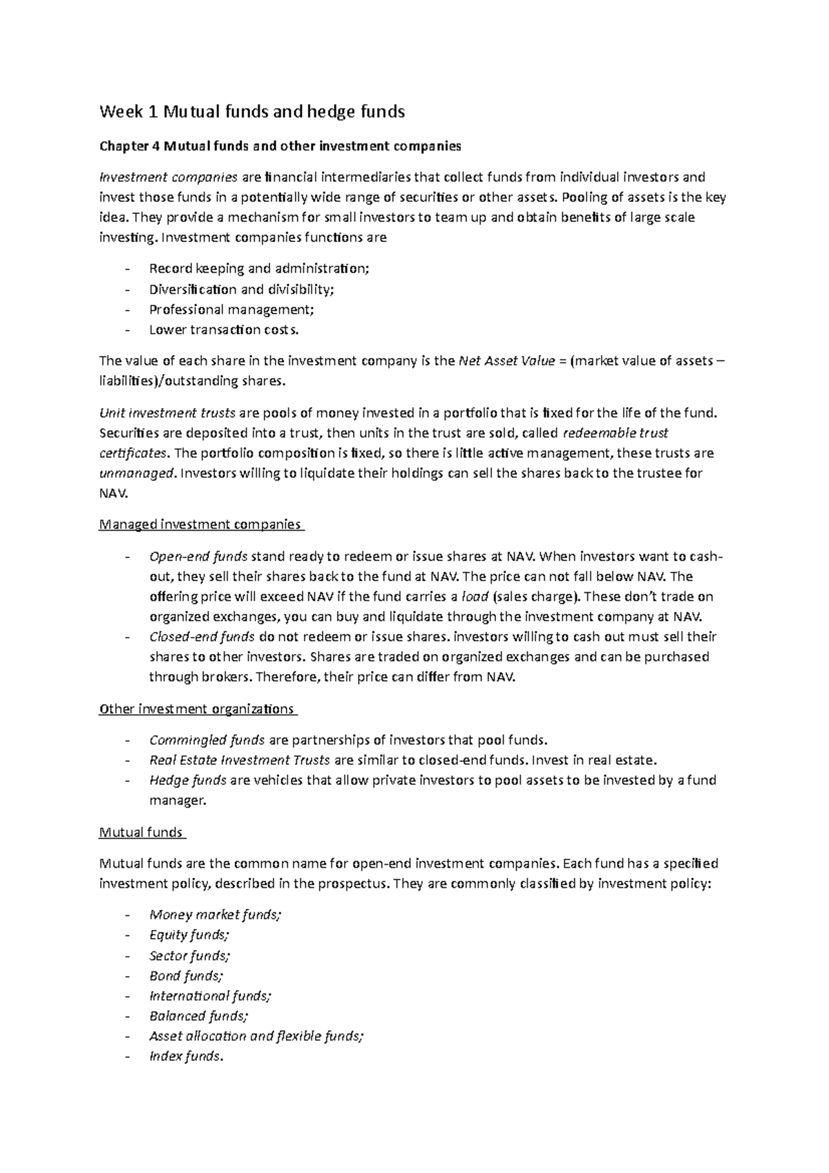 Ipt 2 summary - Finance - Week 1 Mutual funds and hedge funds Chapter 4 ...