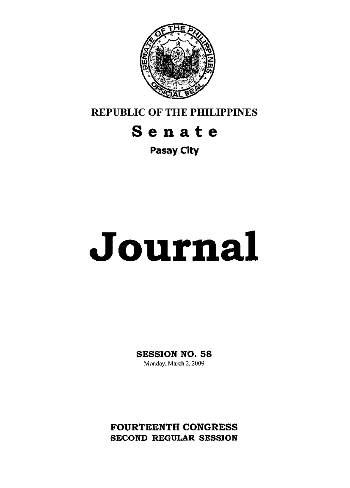 Senate Journal Session No. 58 March 2, 2009 - REPUBLIC OF THE ...
