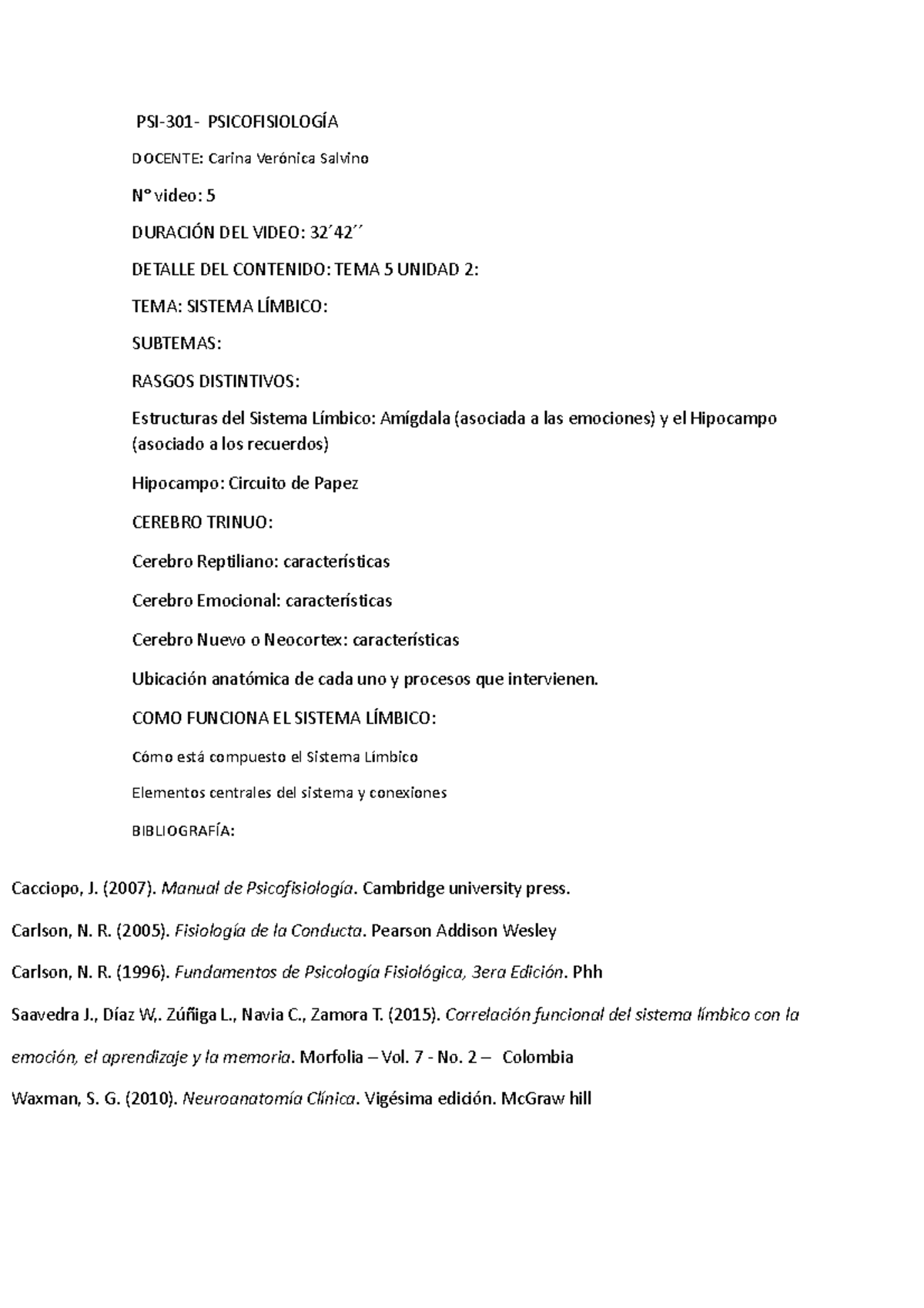 [PSI-301] T5-05. Sistema Límbico - PSI-301- PSICOFISIOLOGÍA DOCENTE: Carina Verónica Salvino N ...