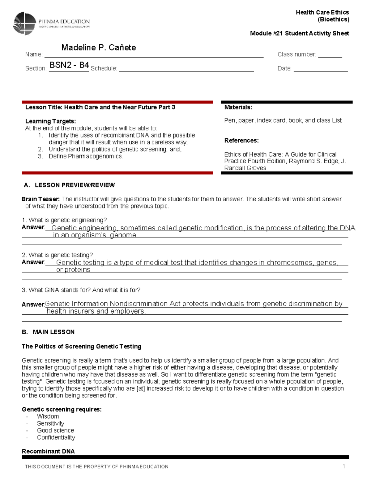 Bioethics Session 21 SAS - (Bioethics) Module #21 Student Activity ...