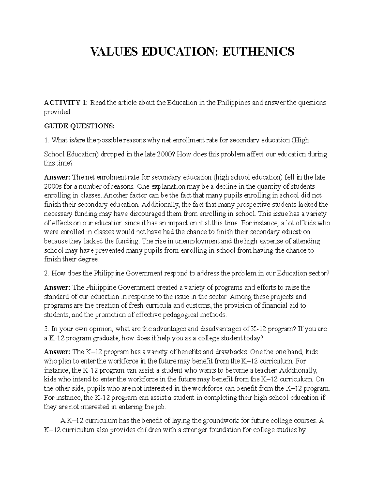 Euthenics - n/a - VALUES EDUCATION: EUTHENICS ACTIVITY 1: Read the ...