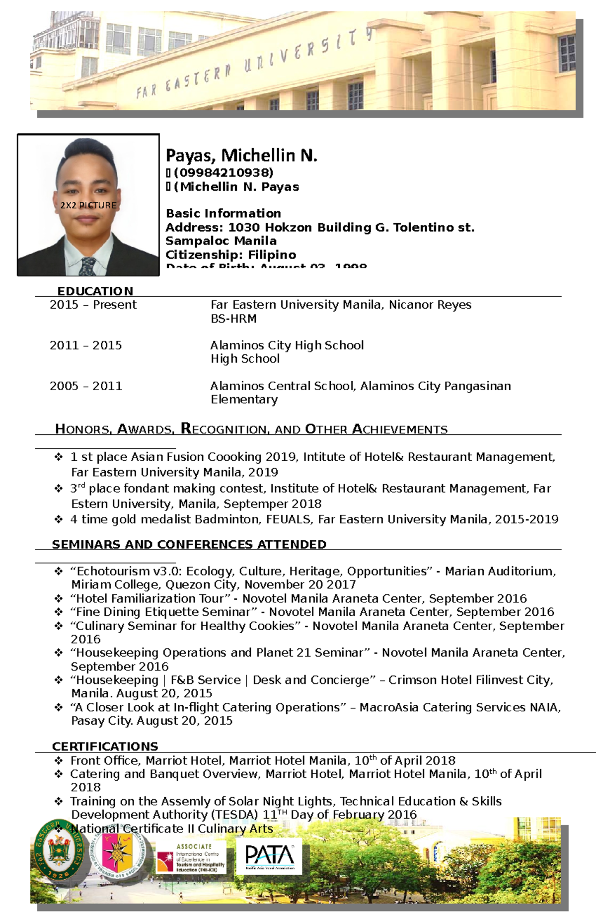 ITHM CV template Tolits - 2X2 PICTURE EDUCATION 2015 – Present Far ...