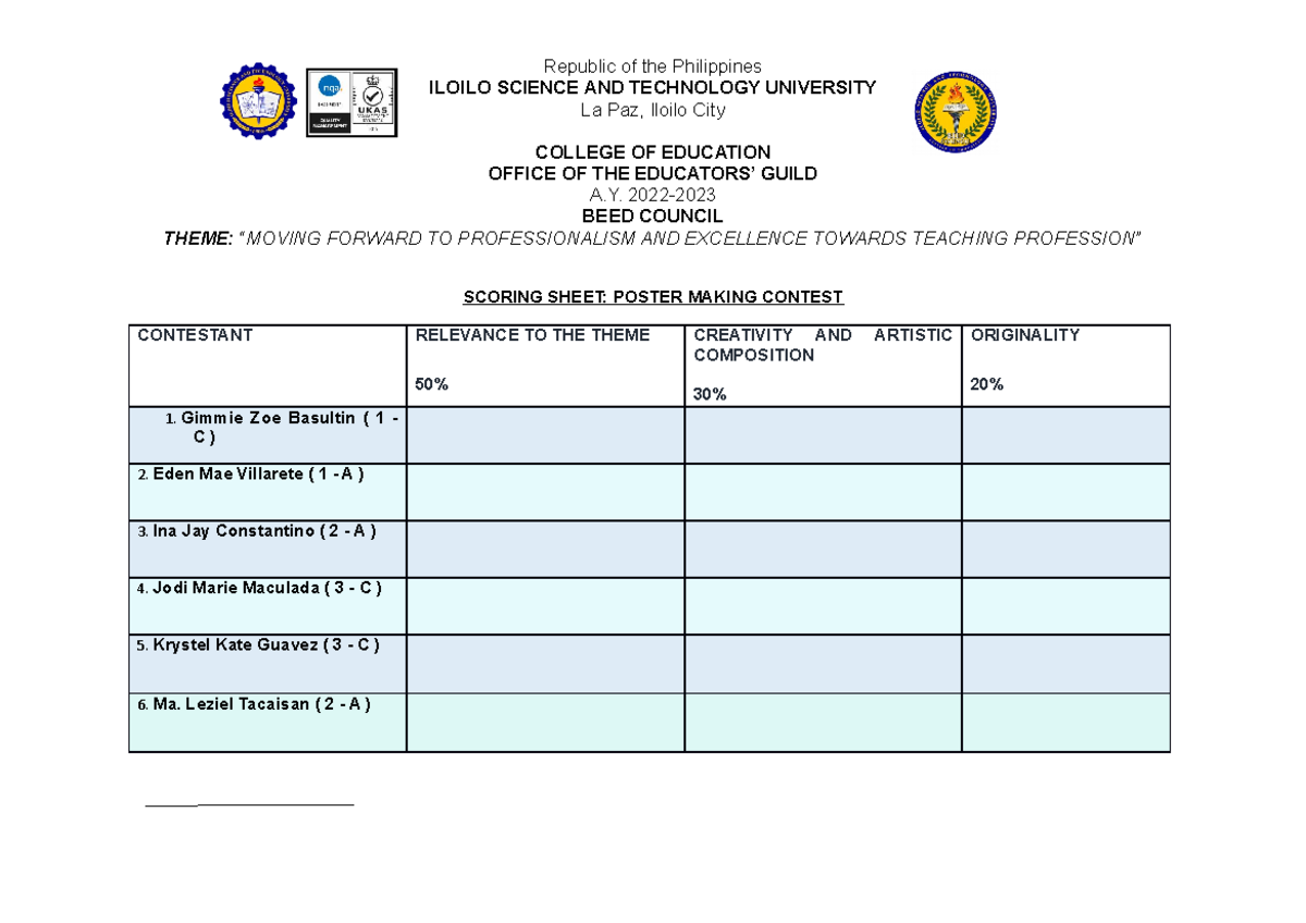 Poster Making Scoring Sheet - Republic of the Philippines ILOILO ...