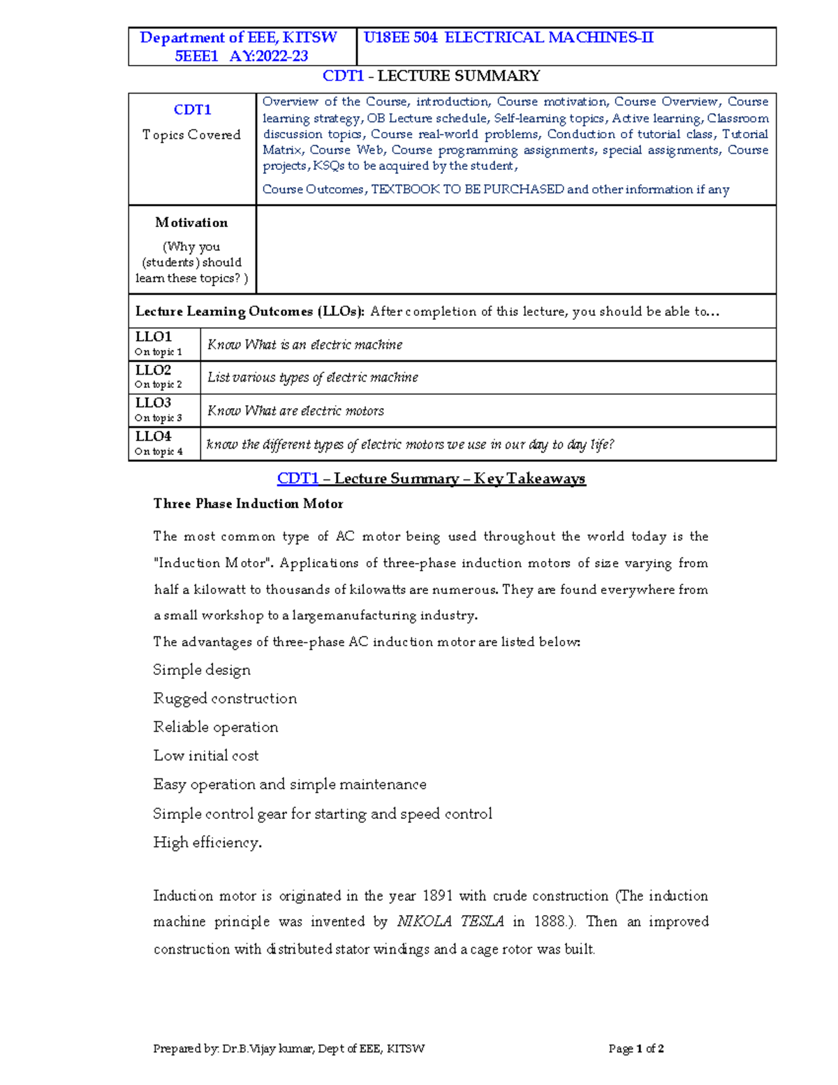 course introduction - Department of EEE, KITSW 5EEE1 AY:2022- U18EE 504 ...