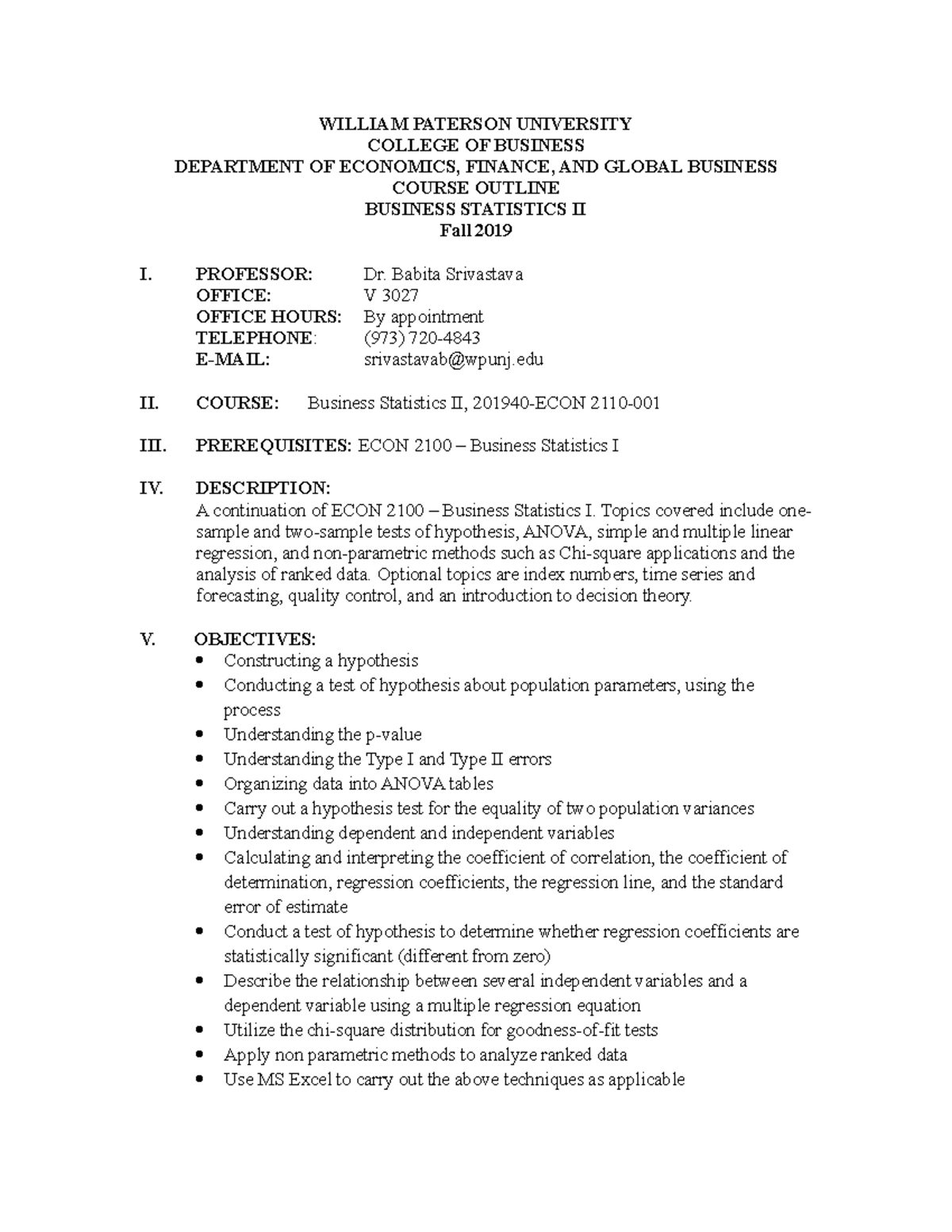 Syllabus Business Statistics II Babita Srivastava - WILLIAM PATERSON ...