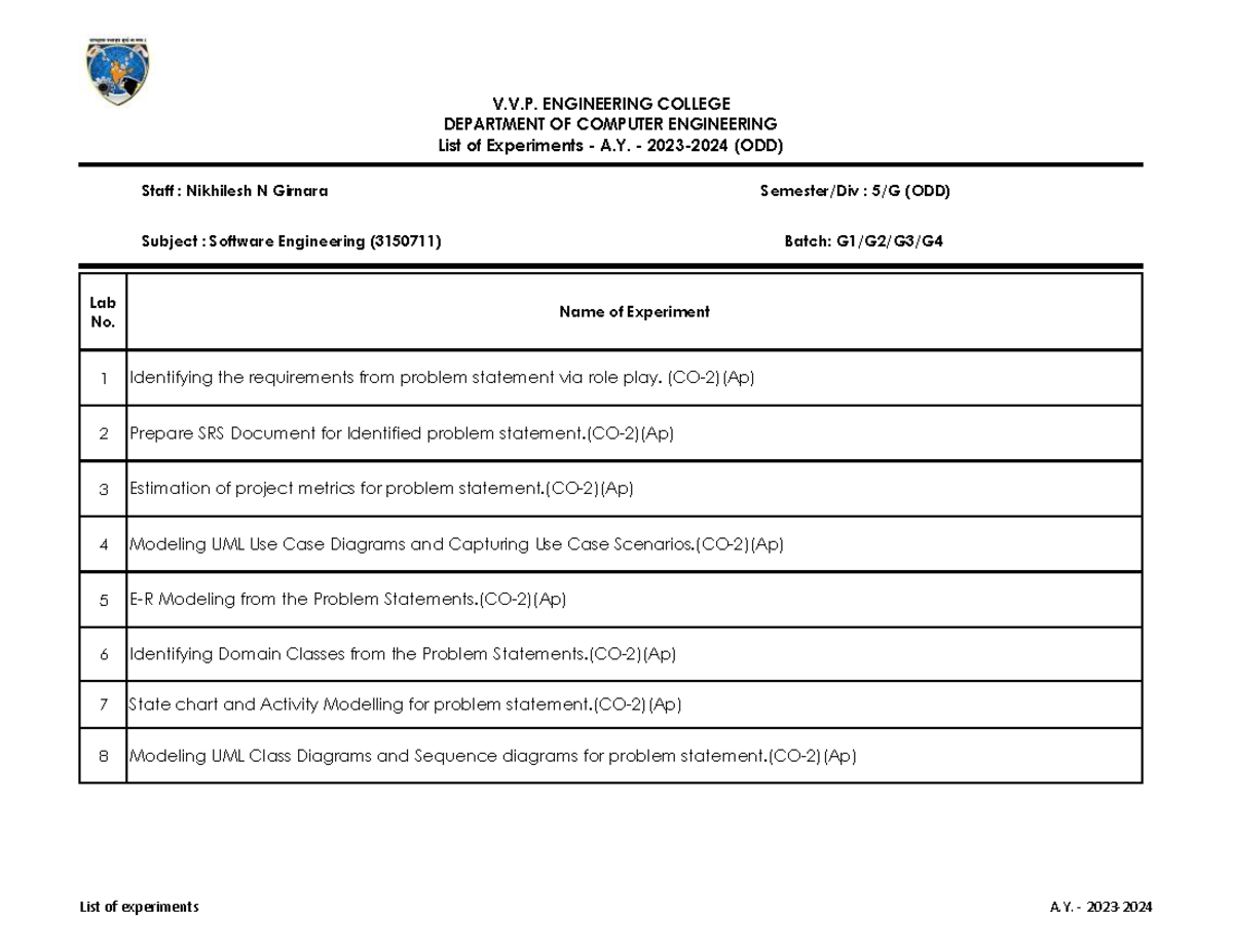 11. List of experiments - LabNo. 1 2 3 4 5 6 7 8 Name of Experiment ...