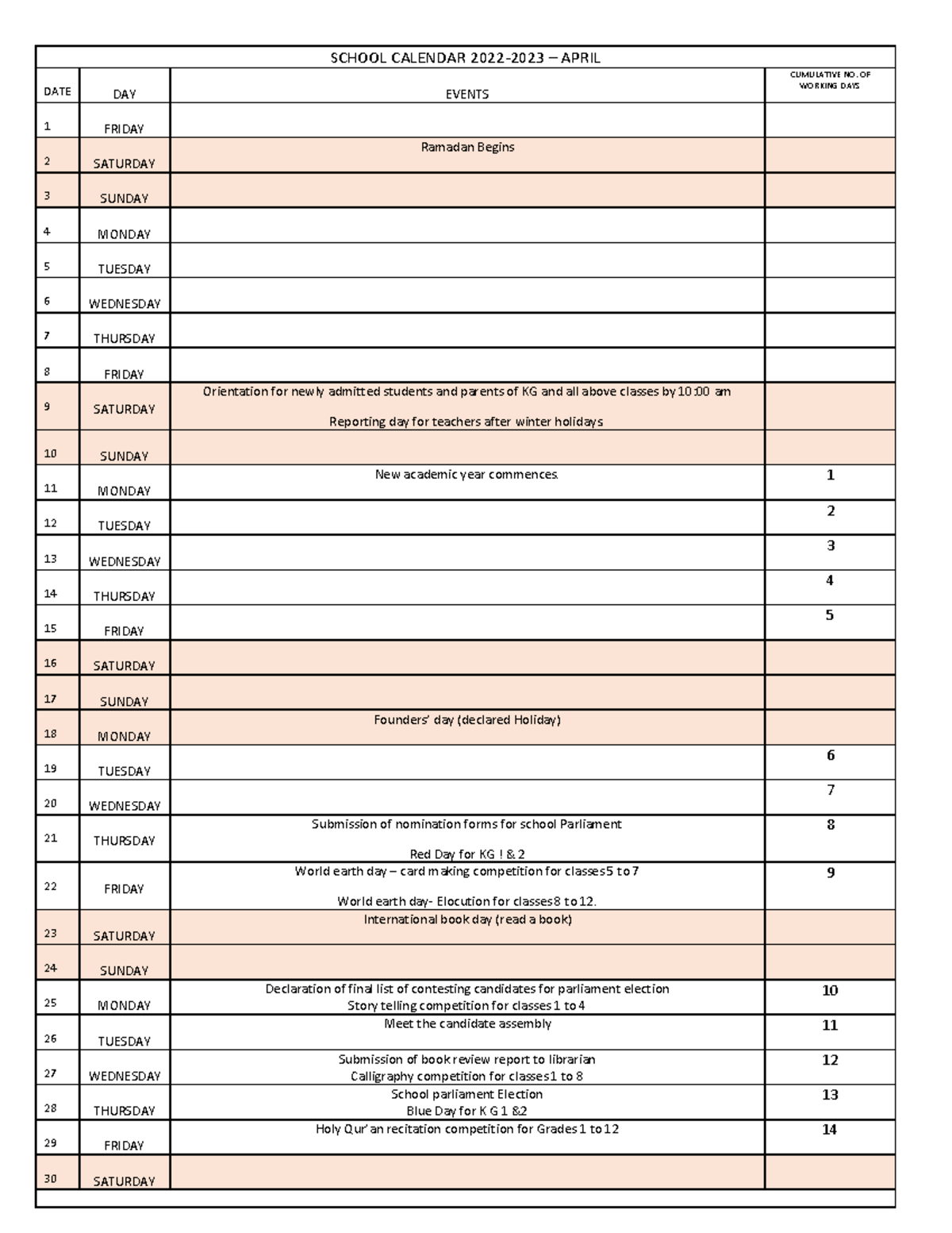 Calender - Notes - SCHOOL CALENDAR 2022- 2023 – APRIL DATE DAY EVENTS ...
