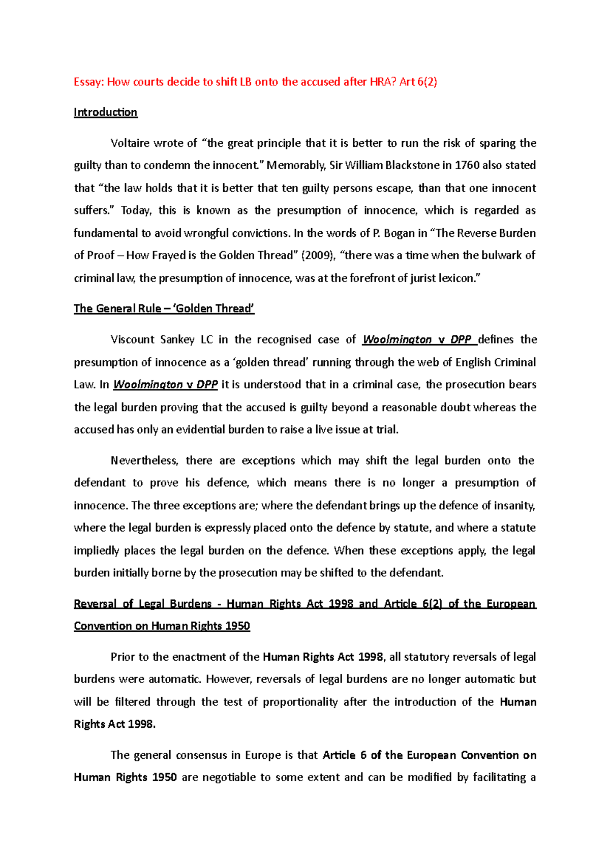 Burden of Proof Essay HRA - Essay: How courts decide to shift LB onto ...