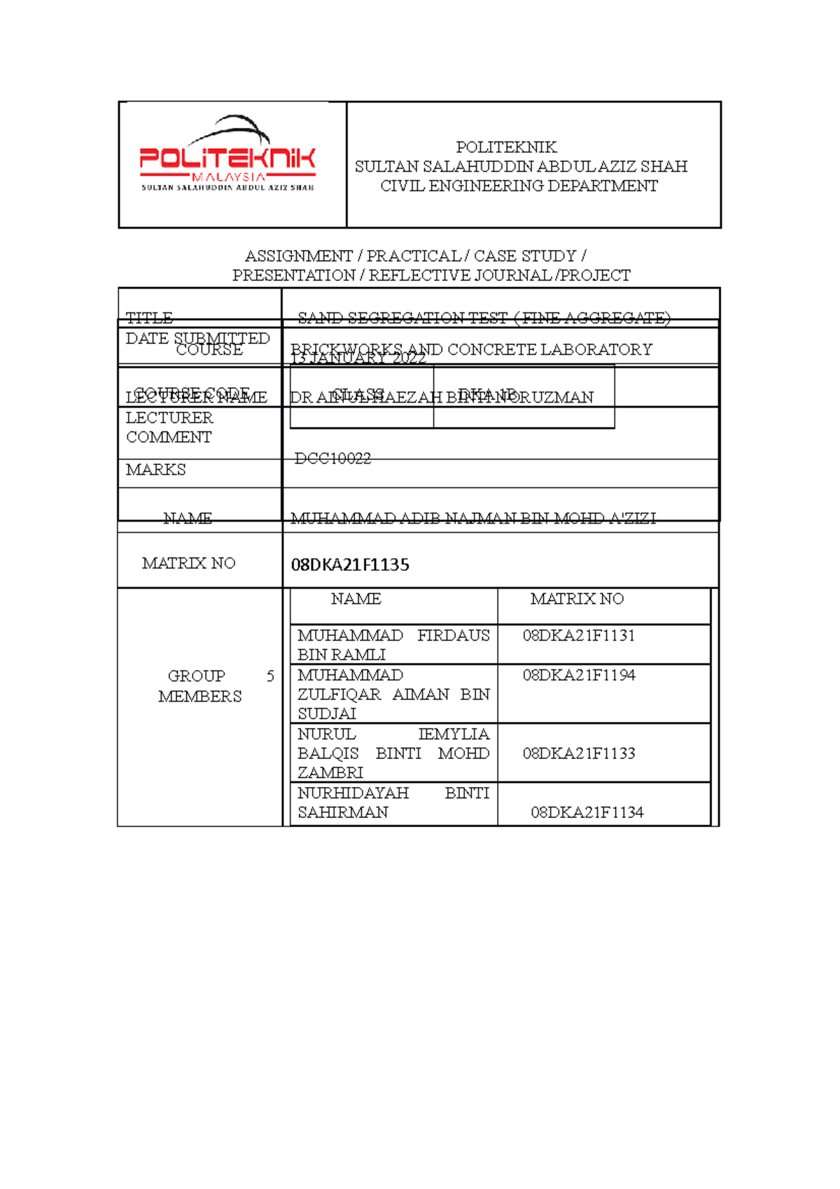Report sand segregation test ( Fine Aggregate) - POLITEKNIK SULTAN ...