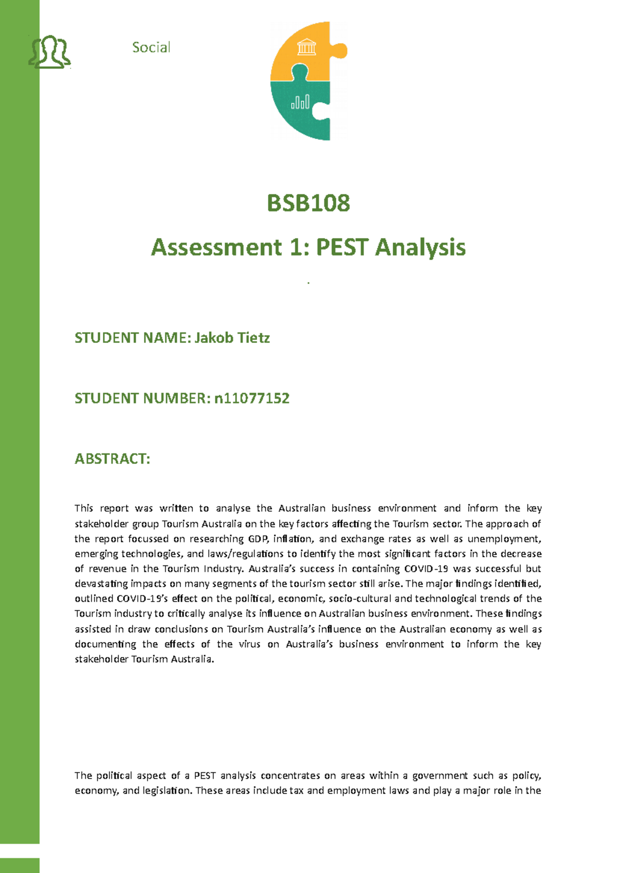 Social BSB108 Assessment 1: PEST Analysis - Studocu
