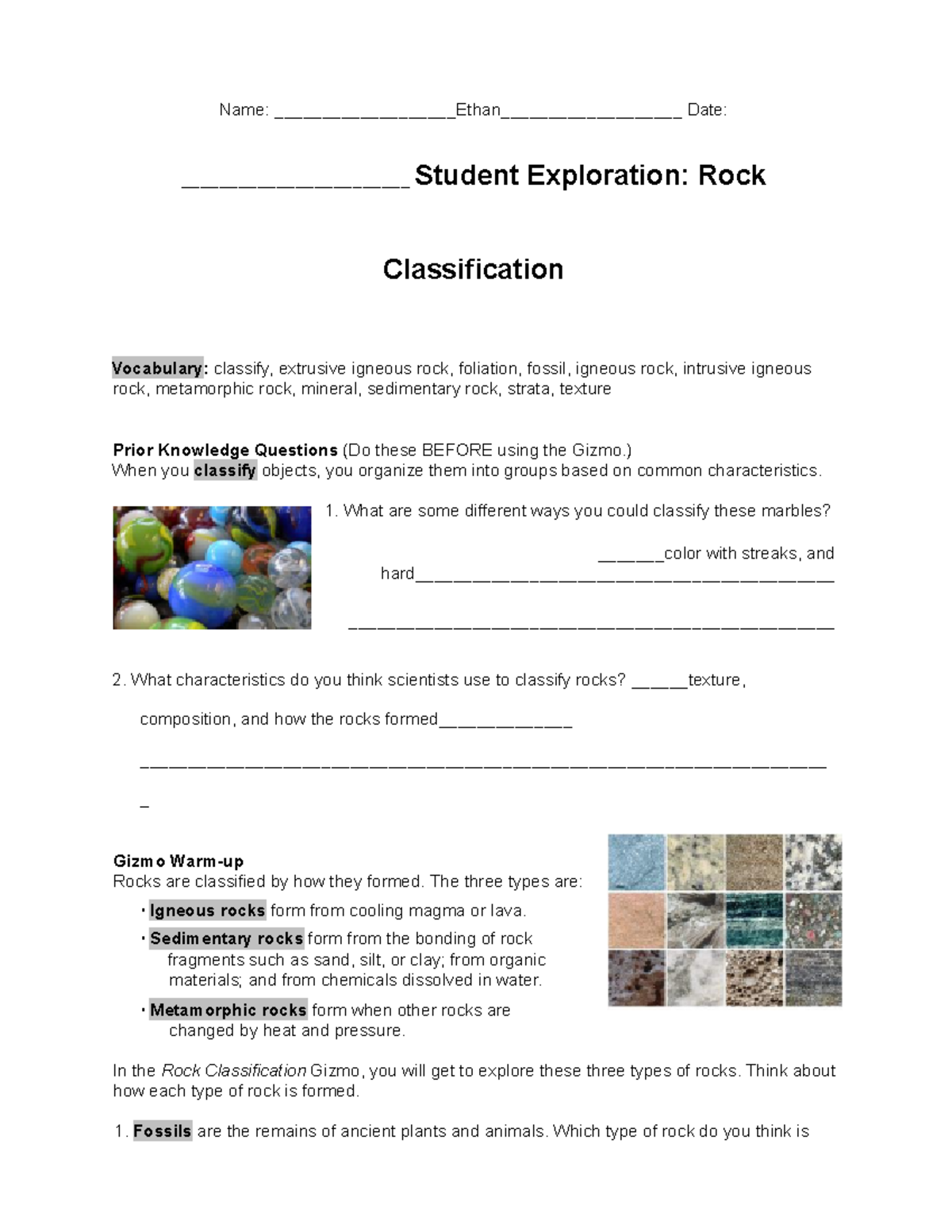 Rock Classification SE - Name: Ethan Date ...