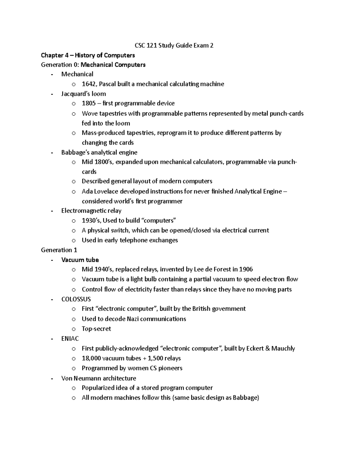 CSC 121 Study Guide Exam 2 - CSC 121 Study Guide Exam 2 Chapter 4 – History of Computers ...