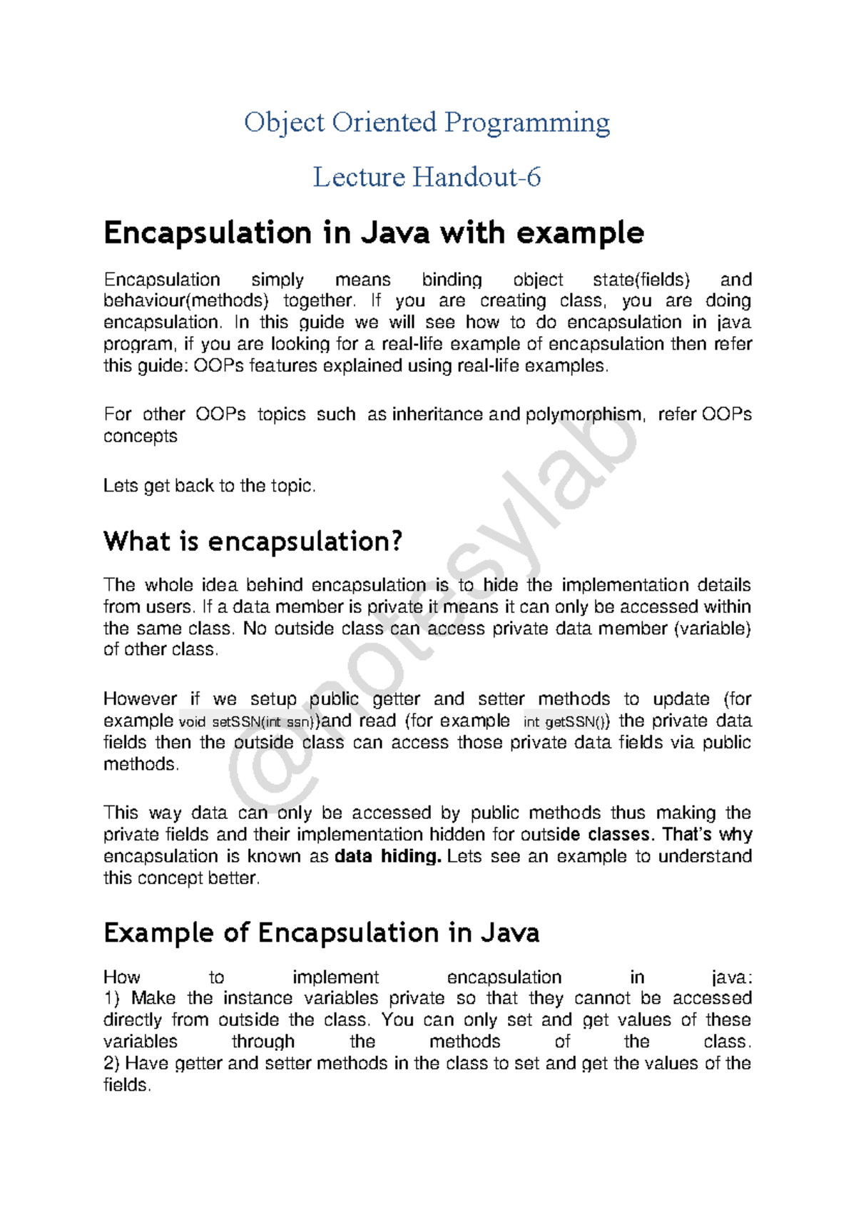 Obj 6 Encapsulation Lecture Notes Object Oriented Programming Lecture Handout 6