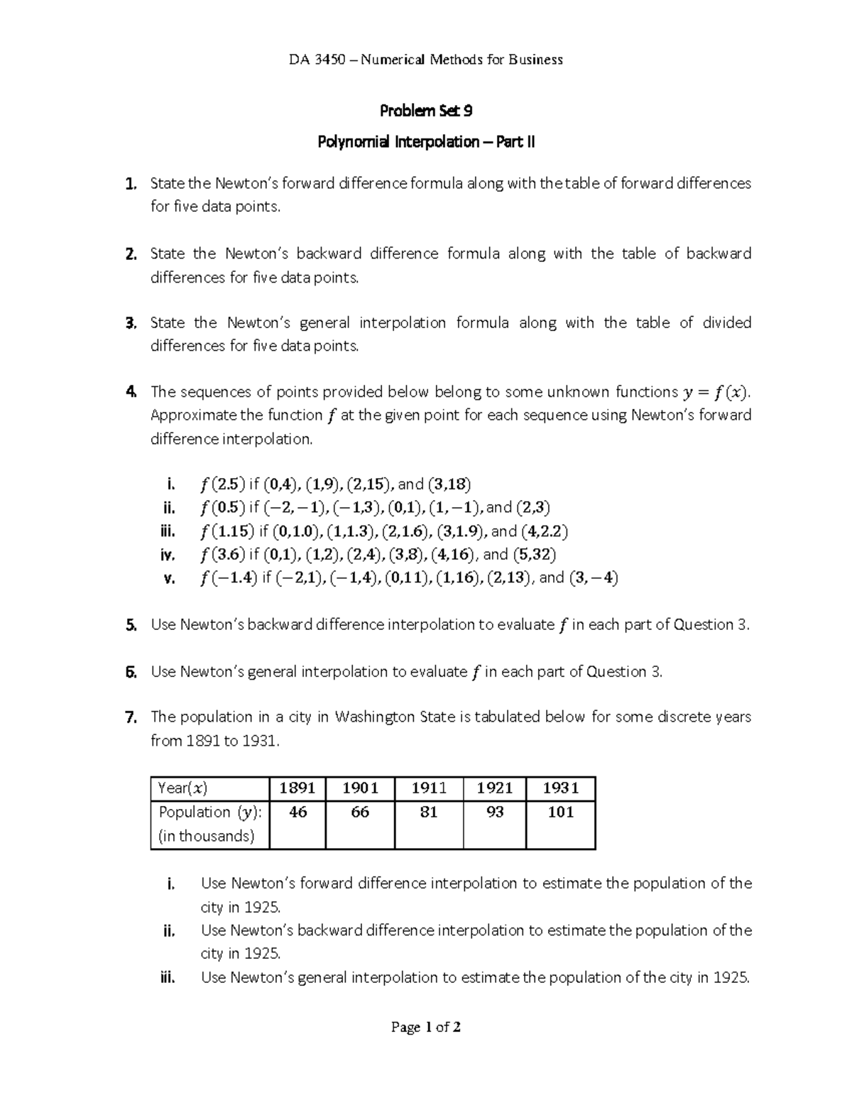 numerical methods - DA 3450 – Numerical Methods for Business Page 1 of ...