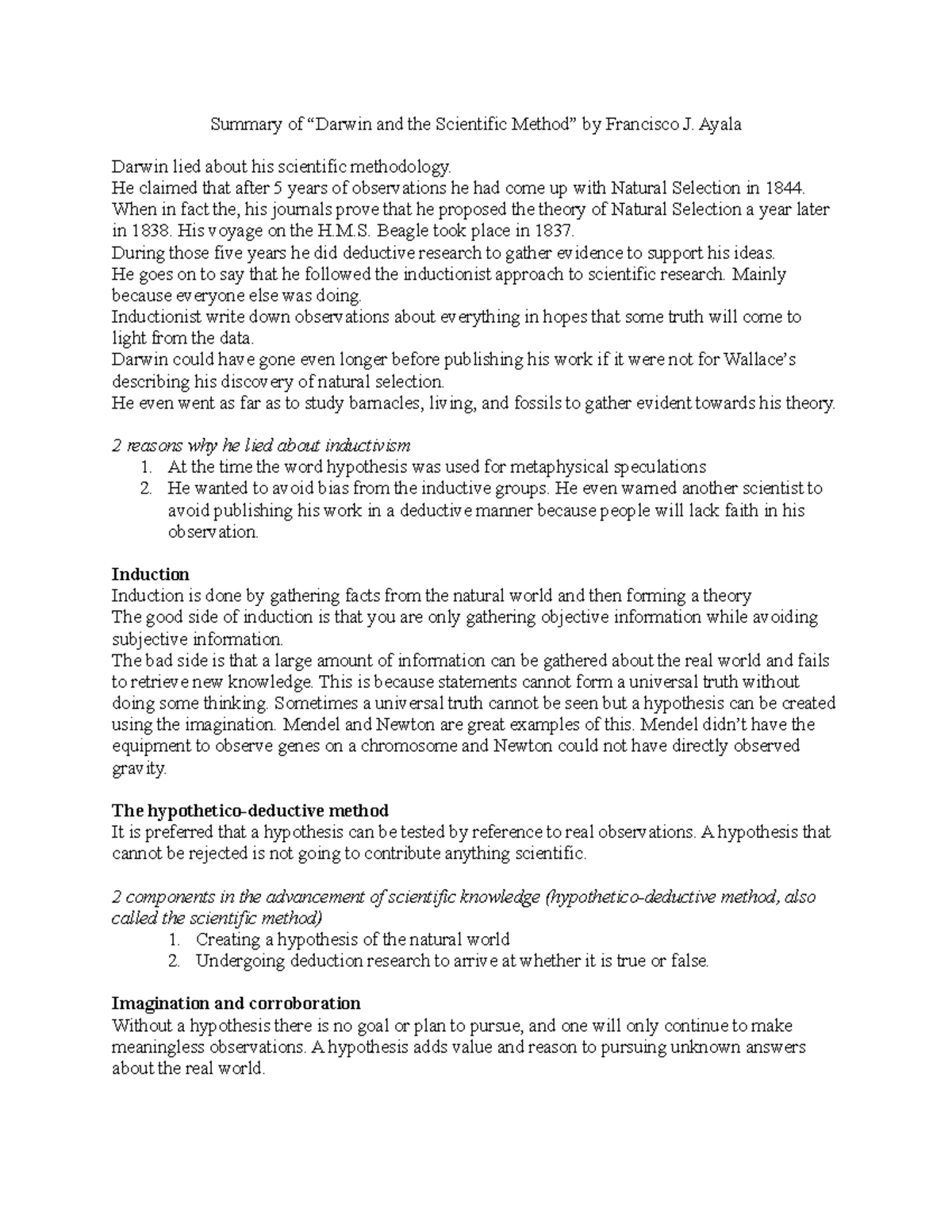 Assignment 1 - Summary of Darwin and the Scientific Method - bio 100 ...