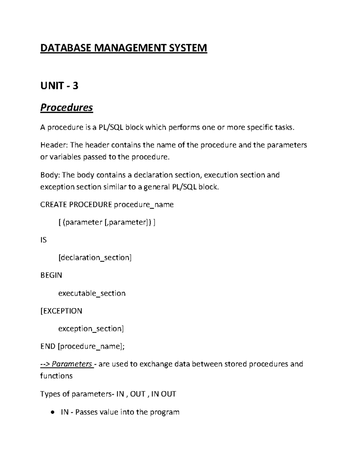 Nuttachomdakaanomtes - DATABASE MANAGEMENT SYSTEM UNIT - 3 Procedures A ...