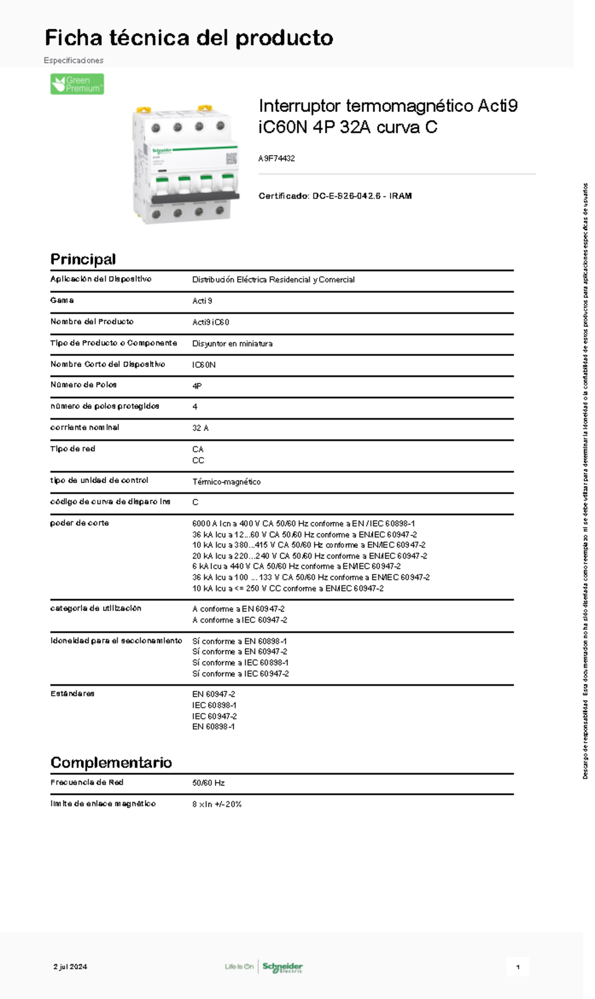 Schneider Electric Acti-9-i C60 A9F74432 - Interruptor termomagnético Acti iC60N 4P 32A curva C ...