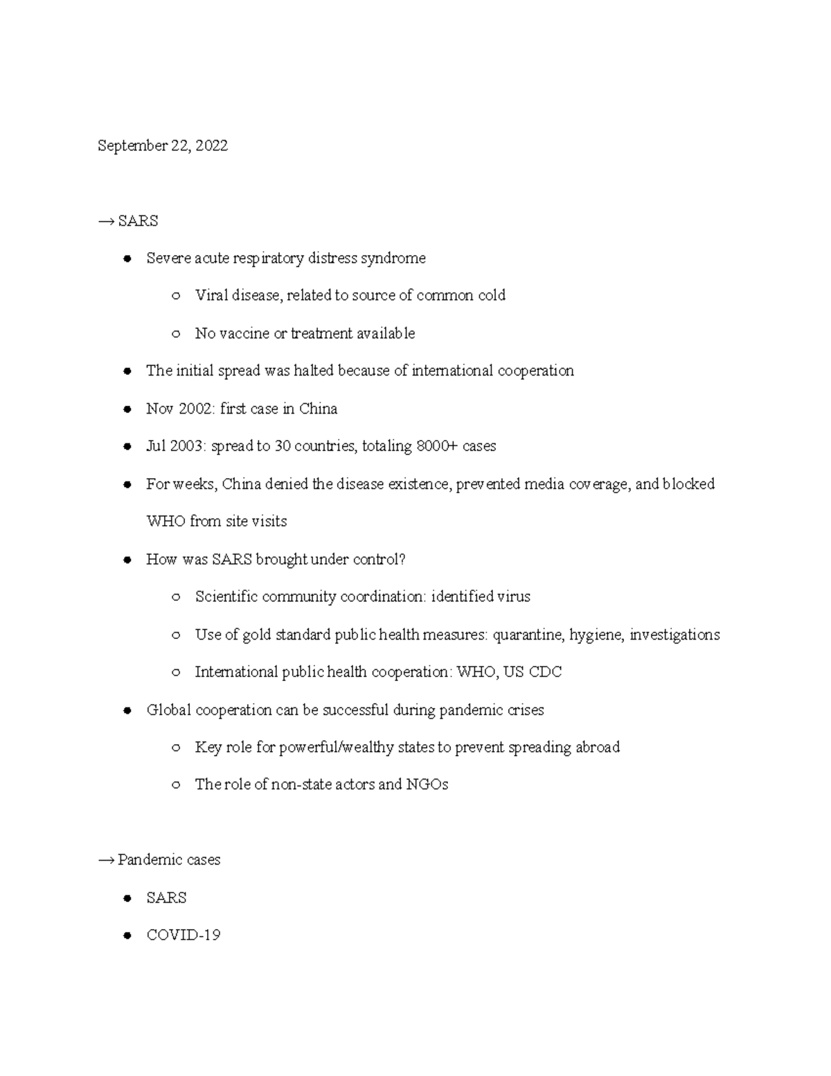 POLS 110: Short Video D Notes - September 22, 2022 → SARS Severe acute ...
