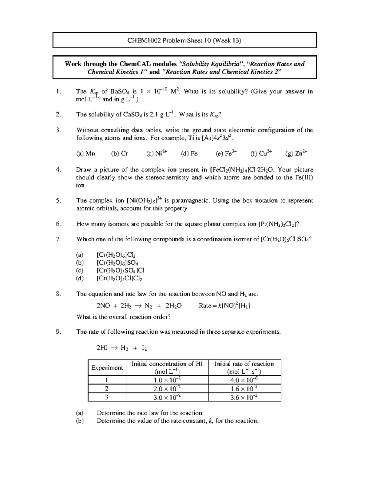 CHEM1002 Problem Sheet 10 (Week 13) - CHEM1002 Problem Sheet 10 (Week ...