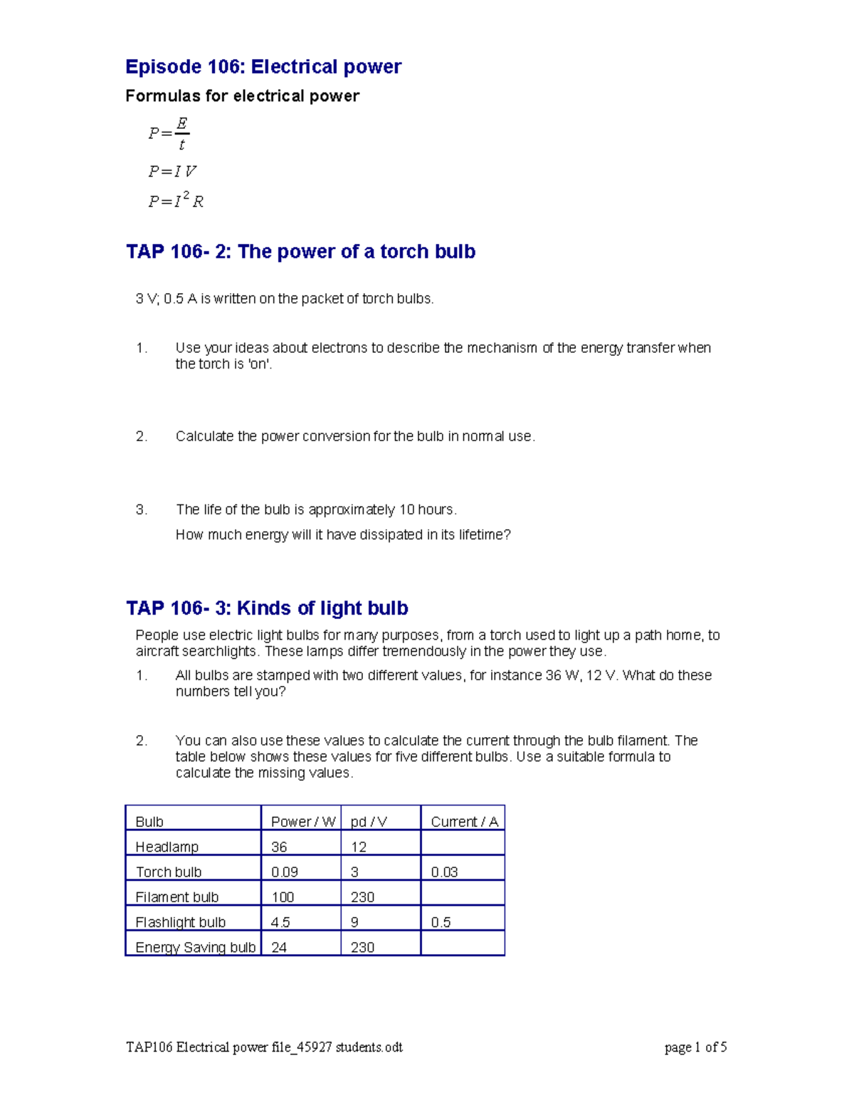 TAP106 Electrical power file 45927 students - Episode 106: Electrical ...
