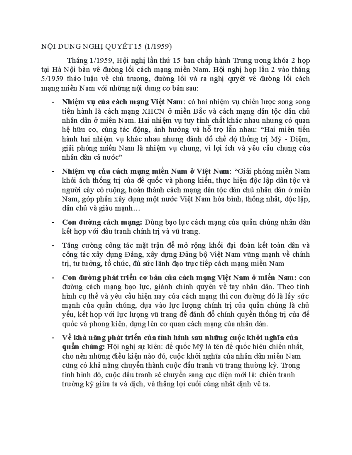 NỘI DUNG NGHỊ QUYẾT 15 - lịch sử đảng - NỘI DUNG NGHỊ QUYẾT 15 (1/1959) Tháng 1/1959, Hội nghị ...