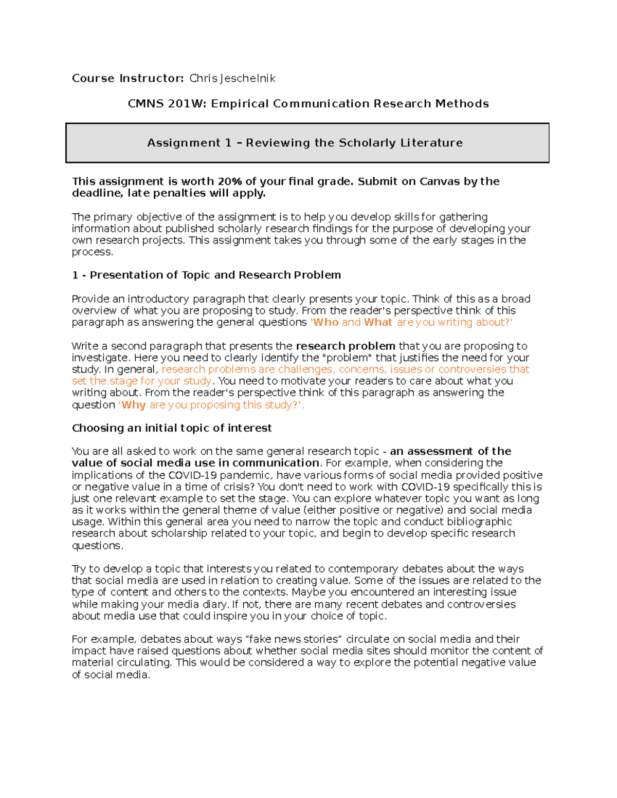 Assignment 1 Literature Review Description - Course Instructor: Chris ...