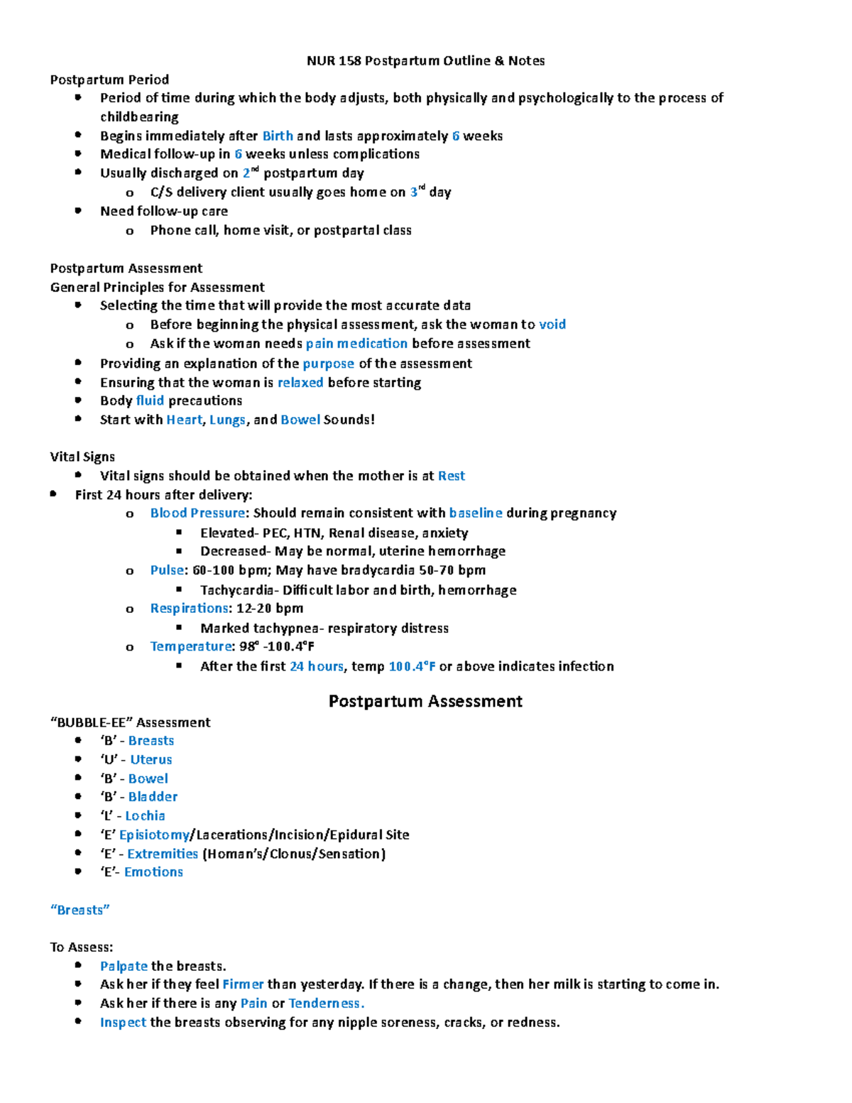 NUR 158 Postpartum Outline - Ask her if they feel Firmer than yesterday ...