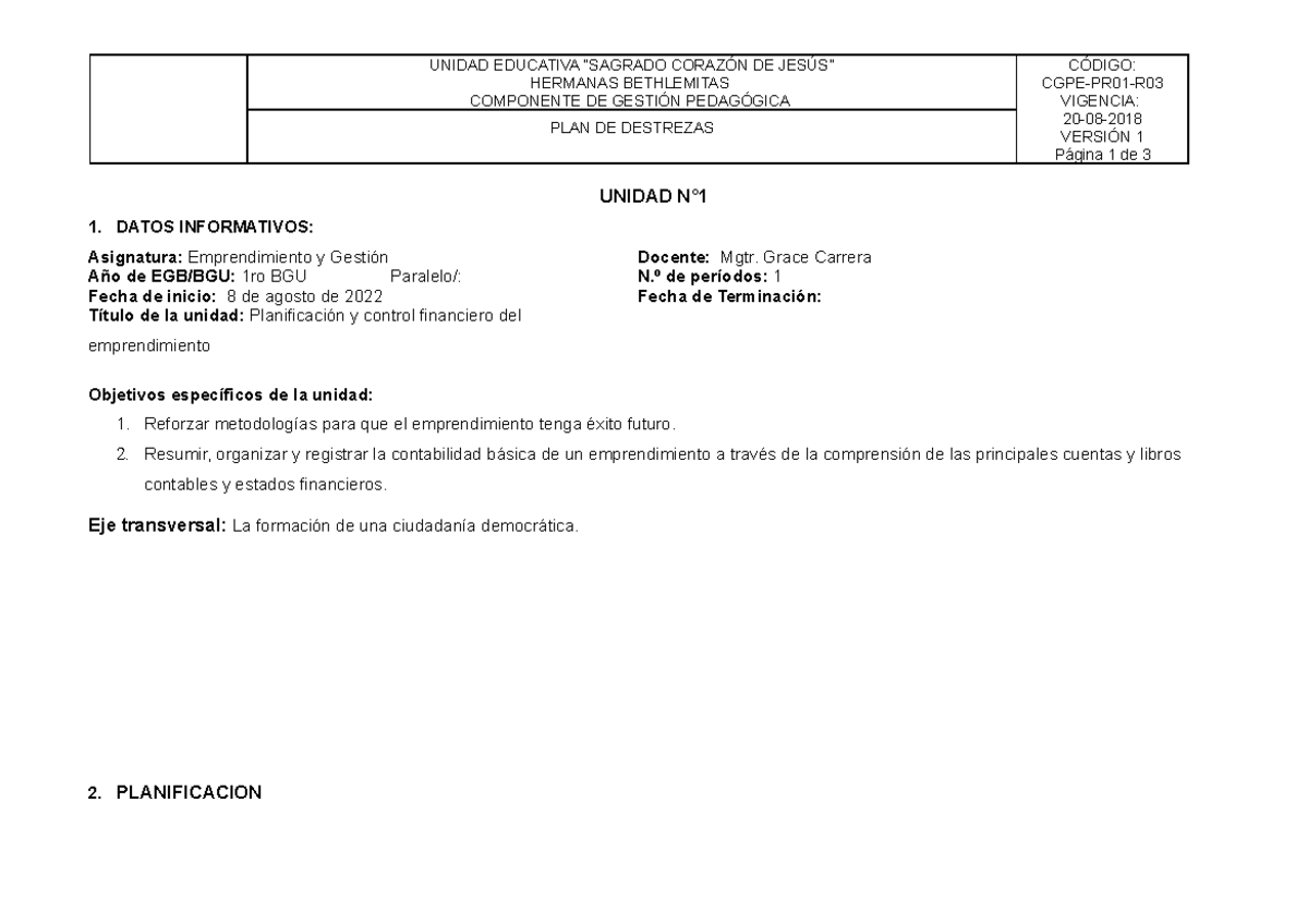 Grace Carrera. Clase Demostrativa - UNIDAD EDUCATIVA “SAGRADO CORAZÓN ...