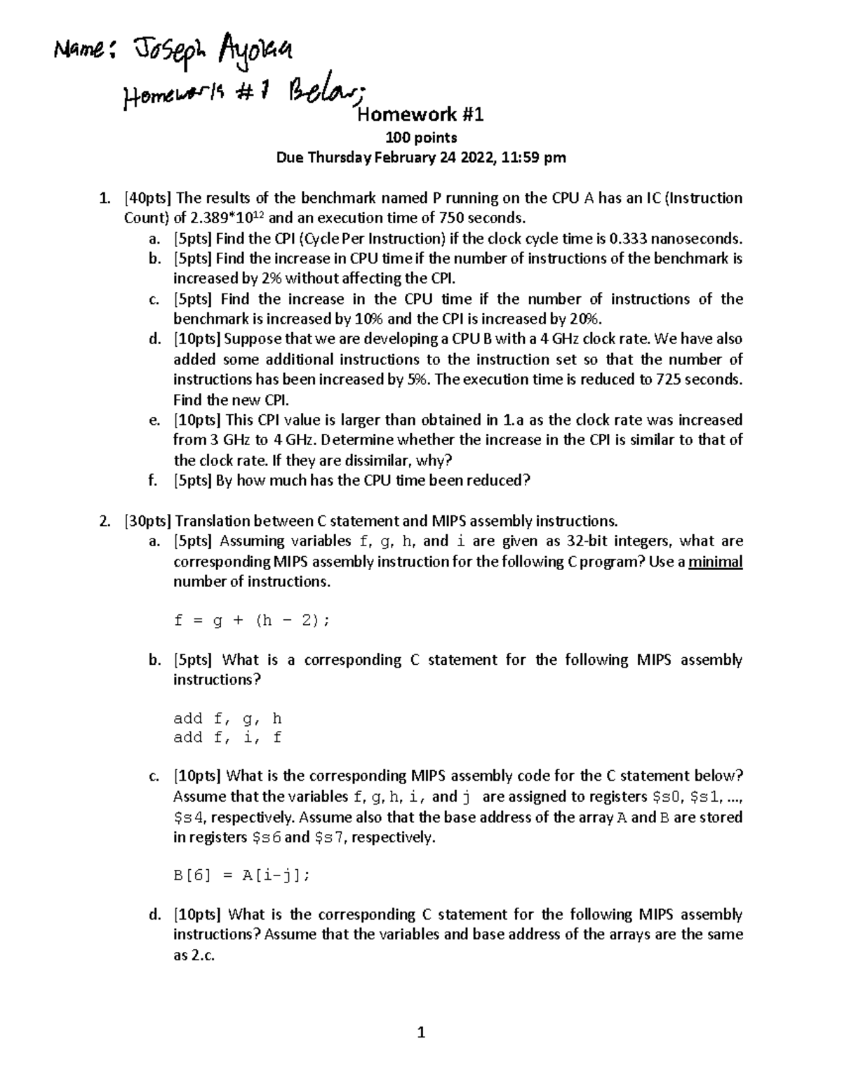 Homework 1 - 1 Homework # 100 points Due Thursday February 24 2022 , 11 ...