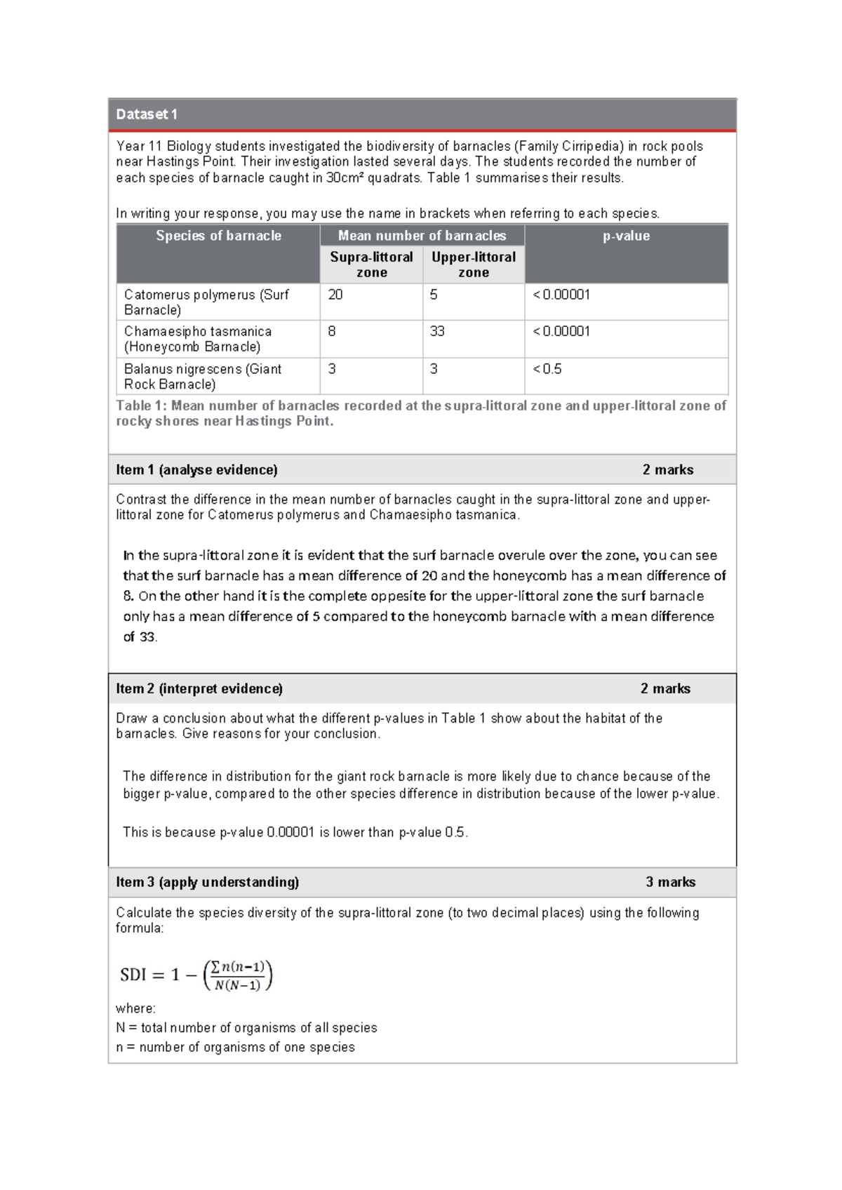 Year 11 Biology IA1 Data Test: Barnacle Biodiversity Study - Dataset 1 ...