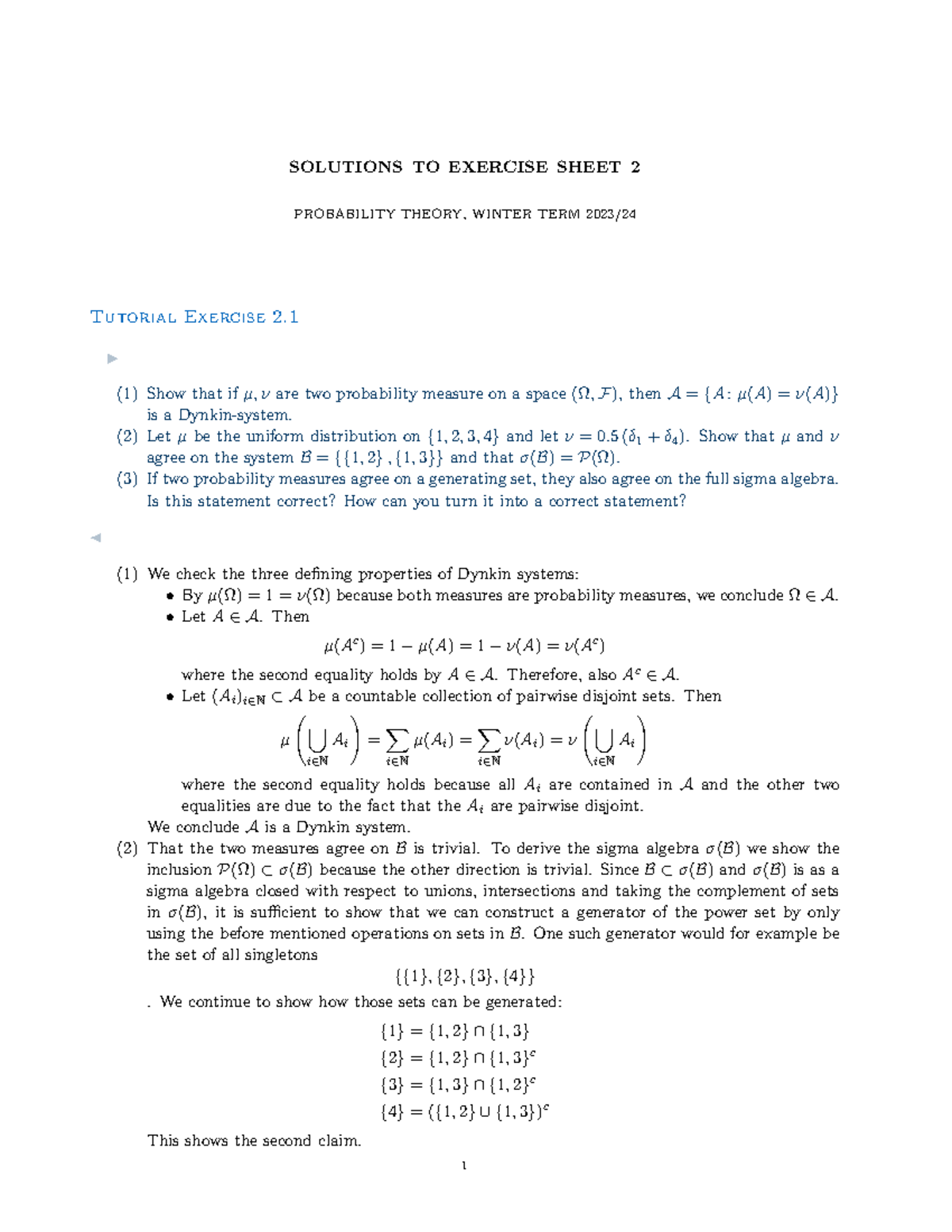 tutorial and hw 2 - SOLUTIONS TO EXERCISE SHEET 2 PROBABILITY THEORY ...