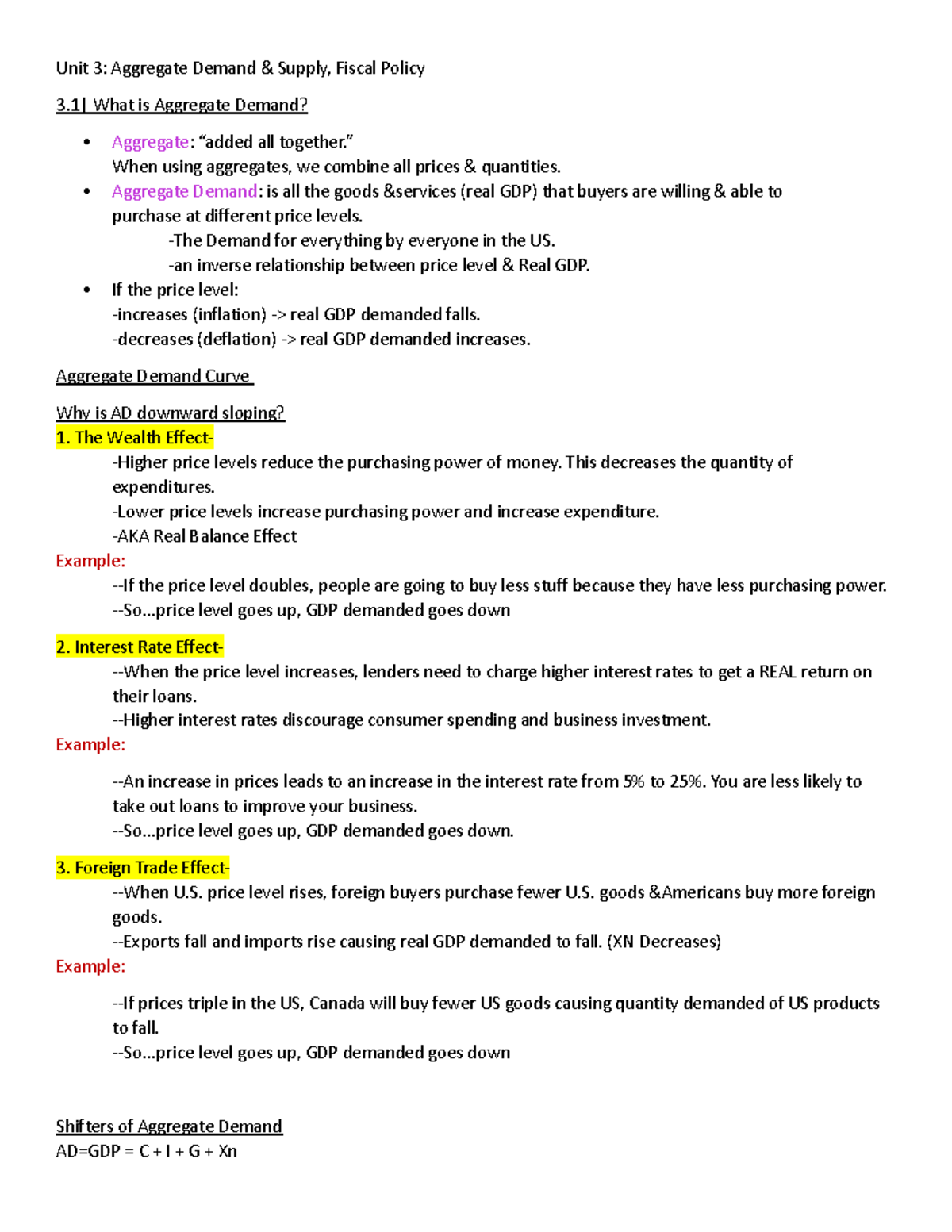 UNIT 3 Macro copy - Notes - Unit 3: Aggregate Demand & Supply, Fiscal ...