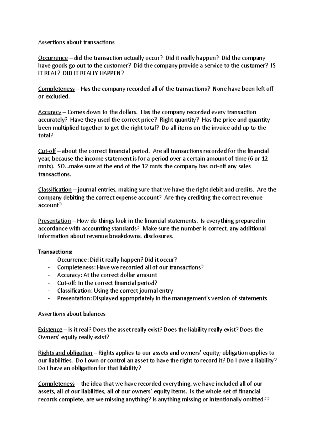 Auditing study notes - Assertions about transactions Occurrence – did ...