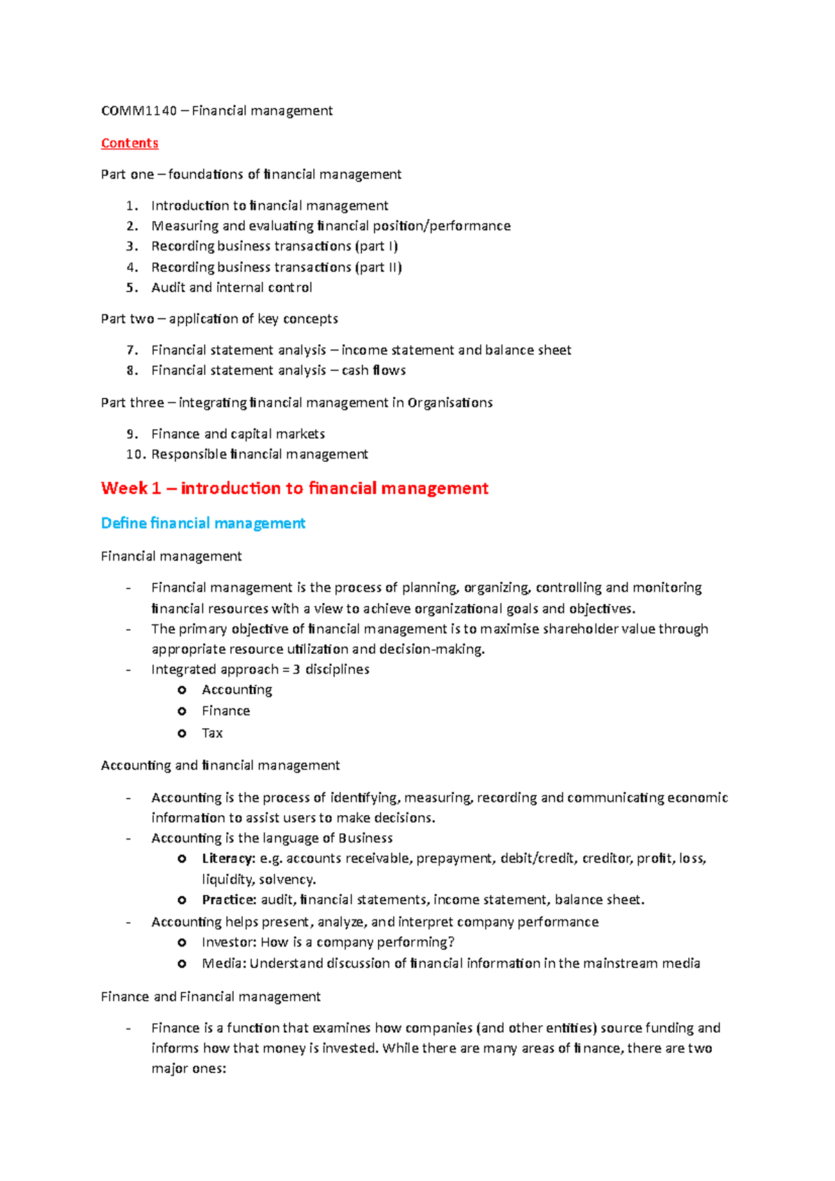 1140 Course notes - COMM1140 – Financial management Contents Part one ...