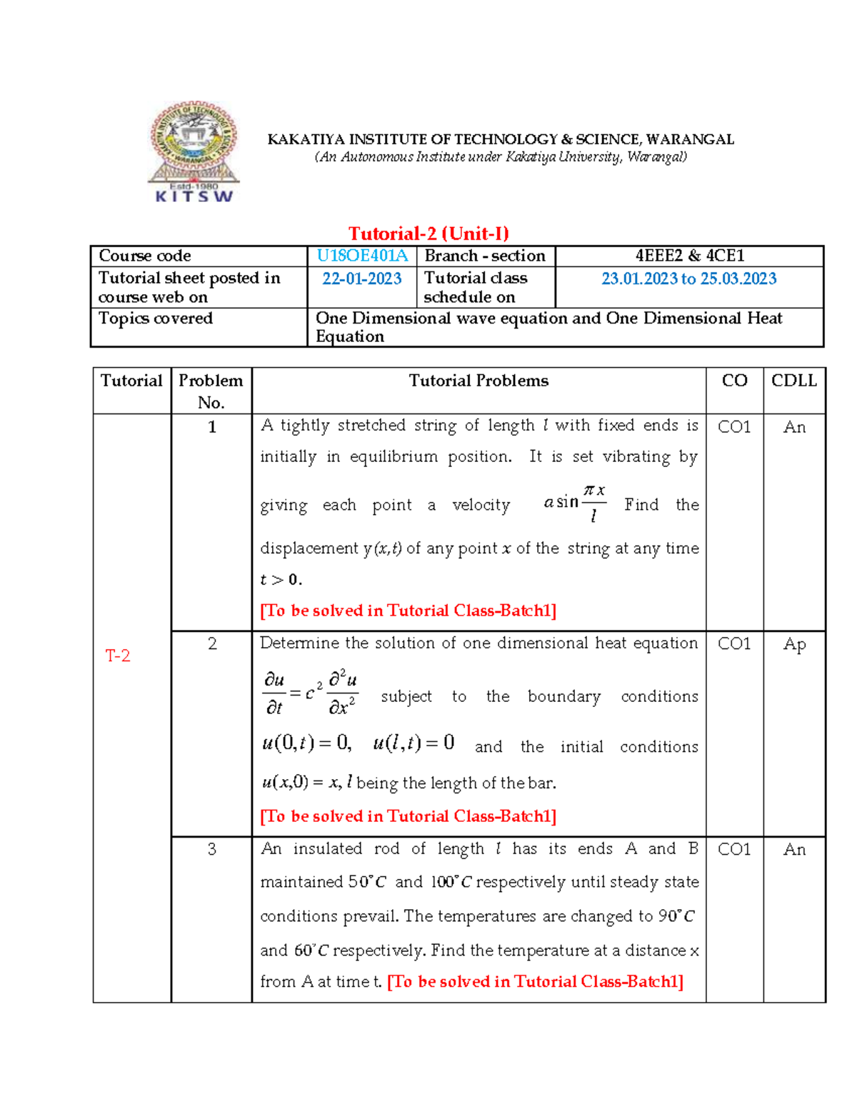 AM T-2 - TUTORIALS - KAKATIYA INSTITUTE OF TECHNOLOGY & SCIENCE ...