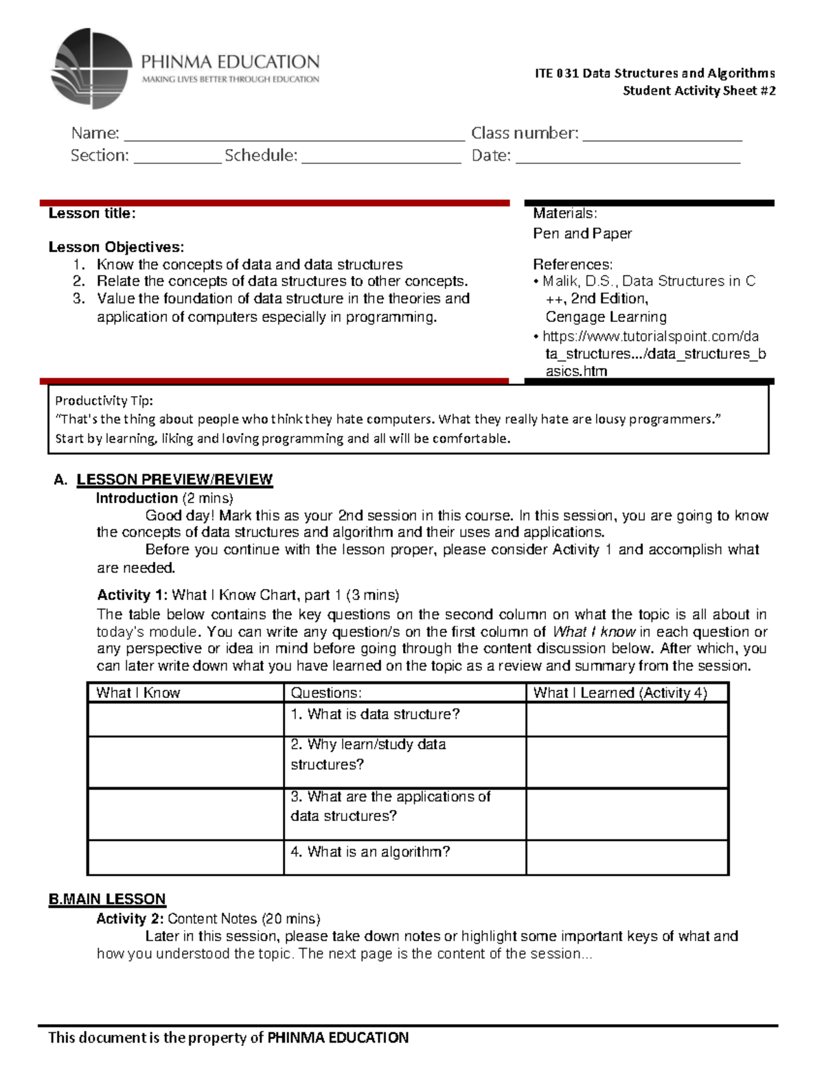 SAS#02 - ITE031 (Overview of Data Structures and Algorithm) - Student ...