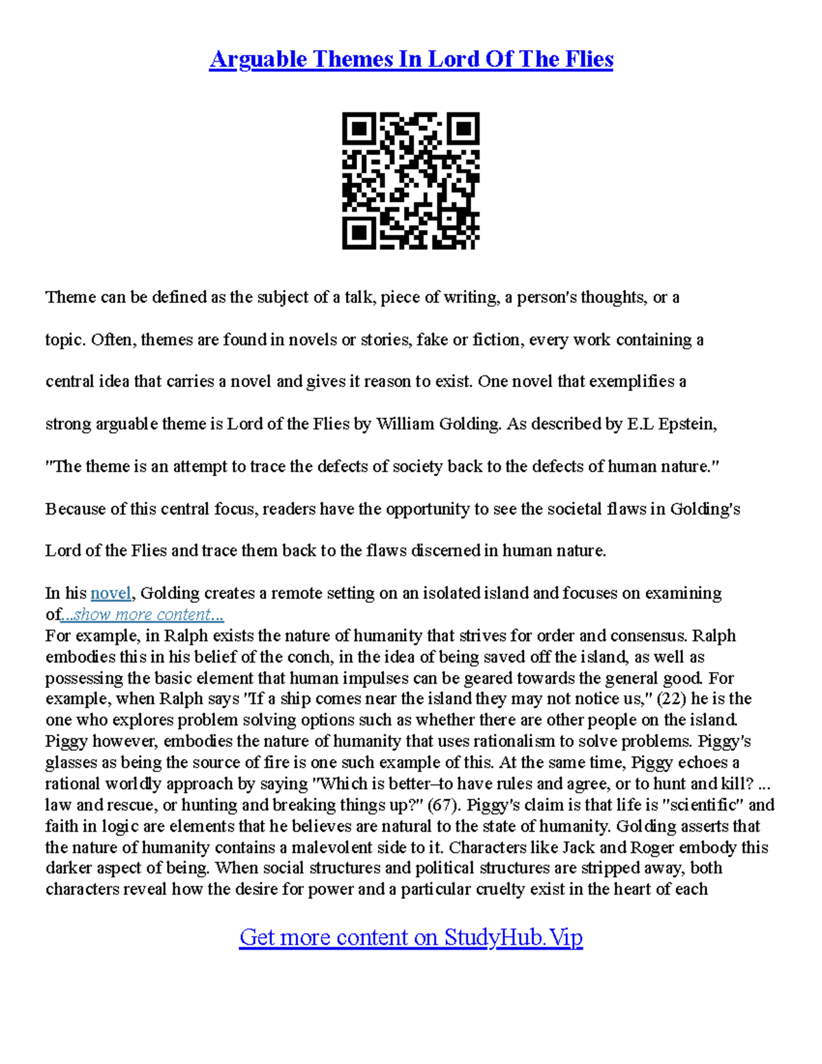 Lord Of The Flies Essay Topic - Arguable Themes In Lord Of The Flies ...