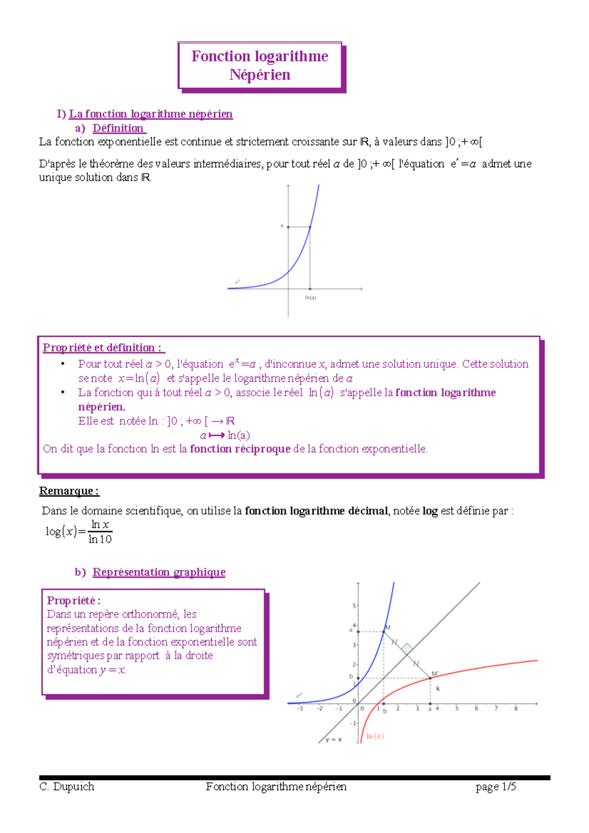 Fct logarithme neperien-version eleve - I) La fonction logarithme ...