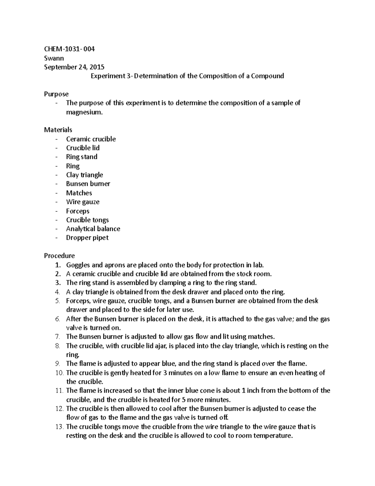 Experiment 3- Determination of the Composition of a Compound - CHEM ...