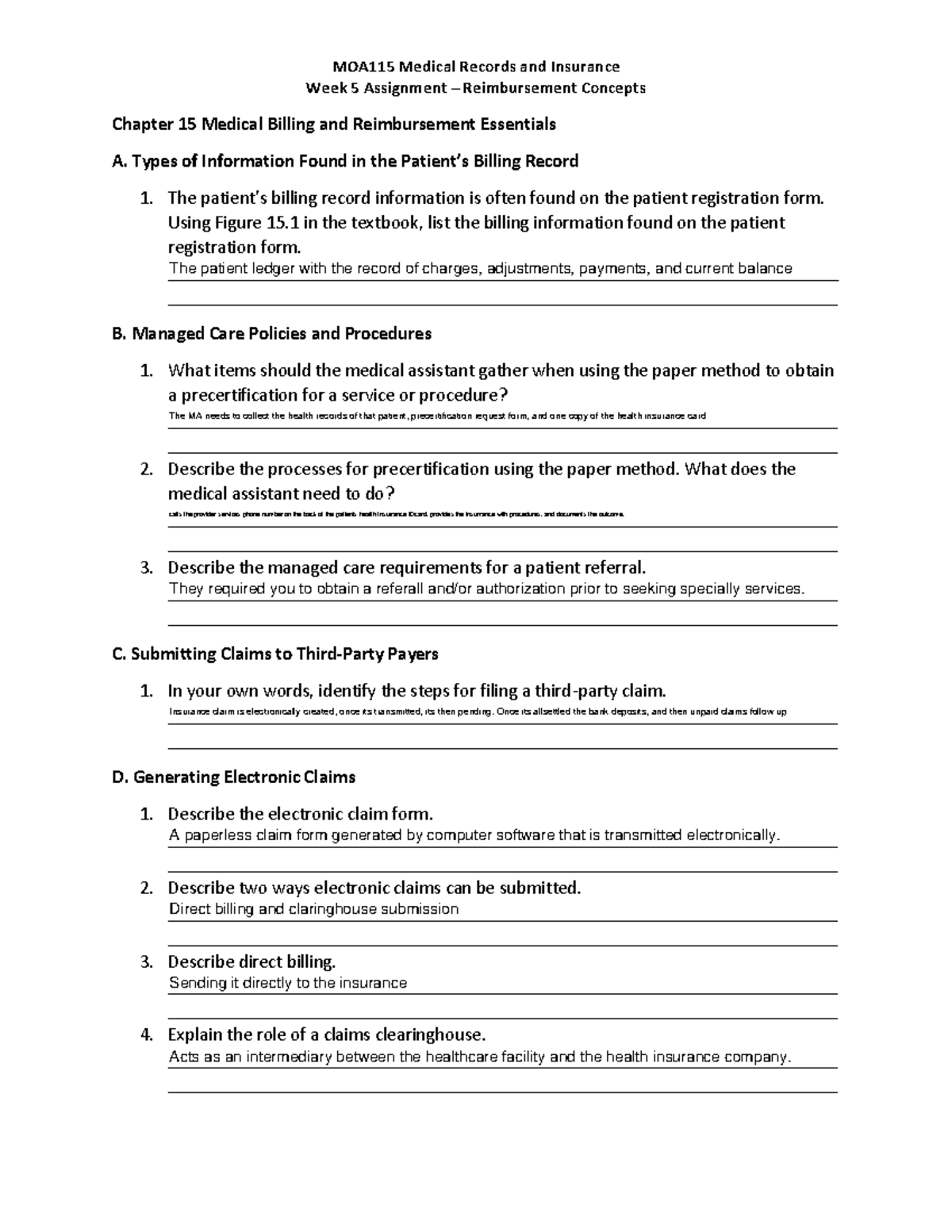 Week 5 Assignment Worksheet - MOA115 Medical Records and Insurance Week ...