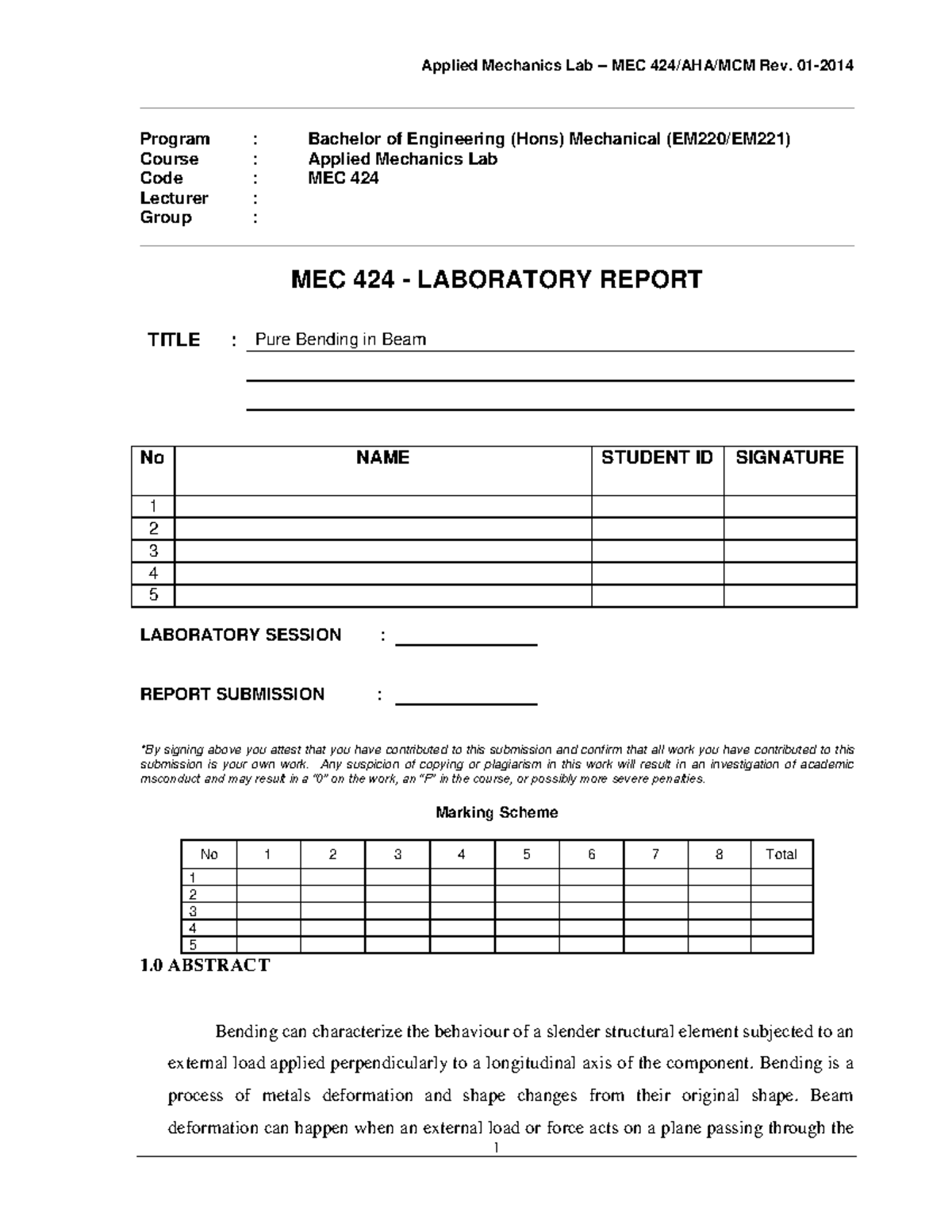 LAB Report 424 PURE Bending - Program : Bachelor of Engineering (Hons ...