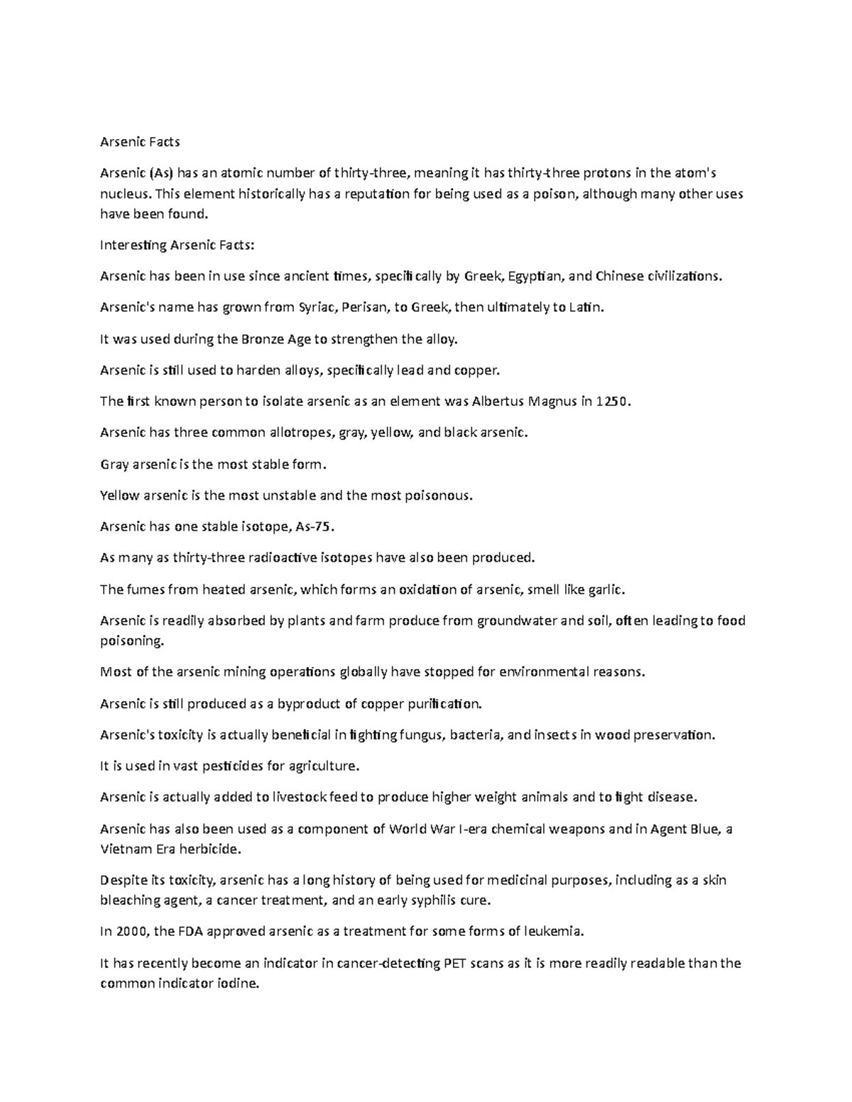 Arsenic Facts - Lecture notes 7 - Arsenic Facts Arsenic (As) has an ...