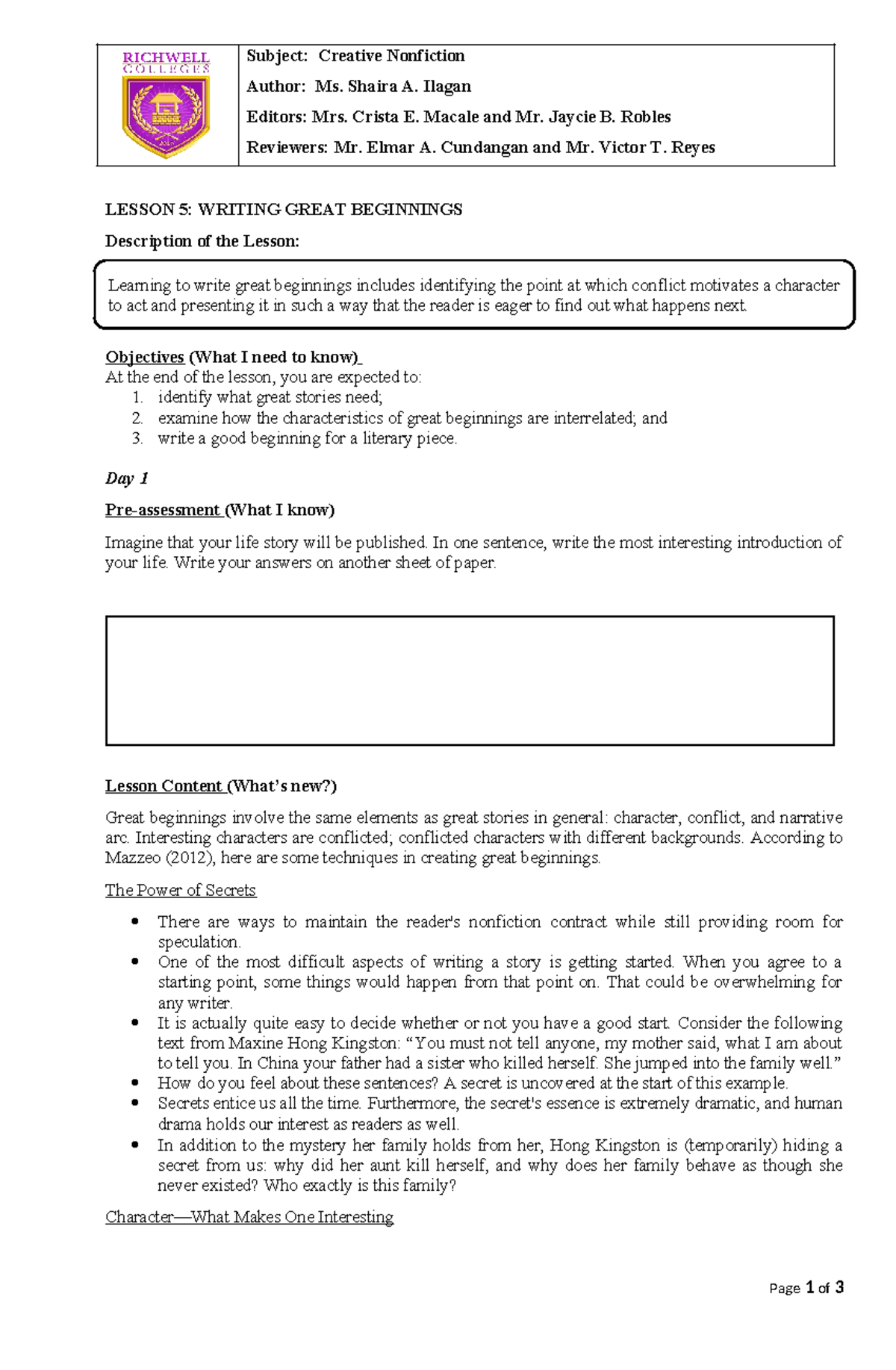 Creative Nonfiction Lesson 5 - LESSON 5: WRITING GREAT BEGINNINGS ...